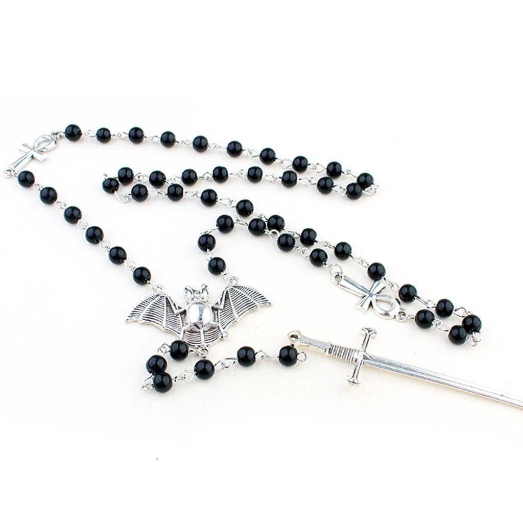 Osdhezcn Ankh Cross Black Beads Bat Necklace Punk Cool Long Rosary ...