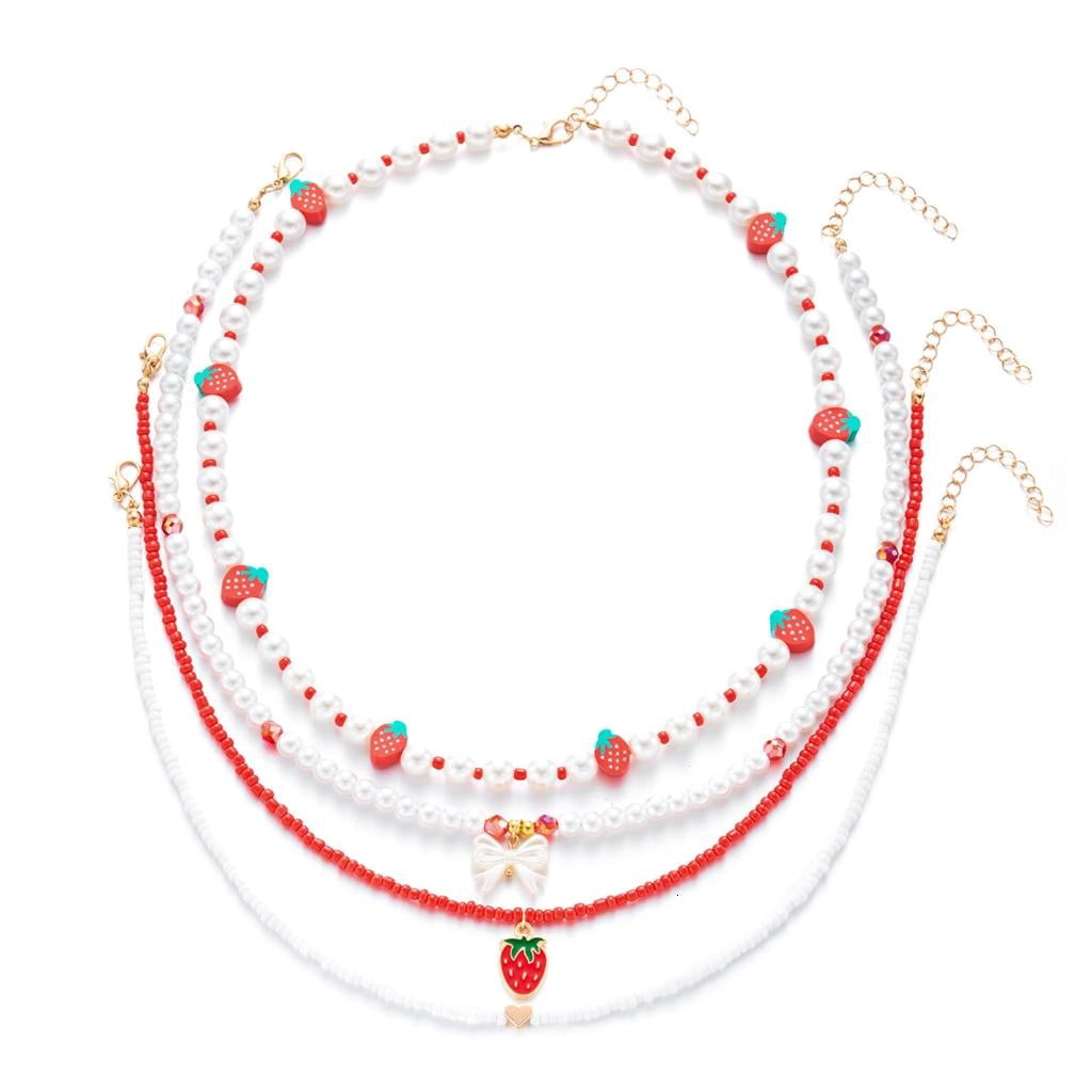 Osdhezcn Cute Strawberry Bead Necklace Set with Multi Layer Handcrafted ...