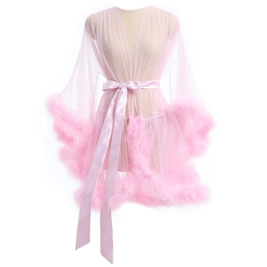 Osdhezcn Flowing Mesh Kimono Robe with Furry Trim for Women's Intimate ...