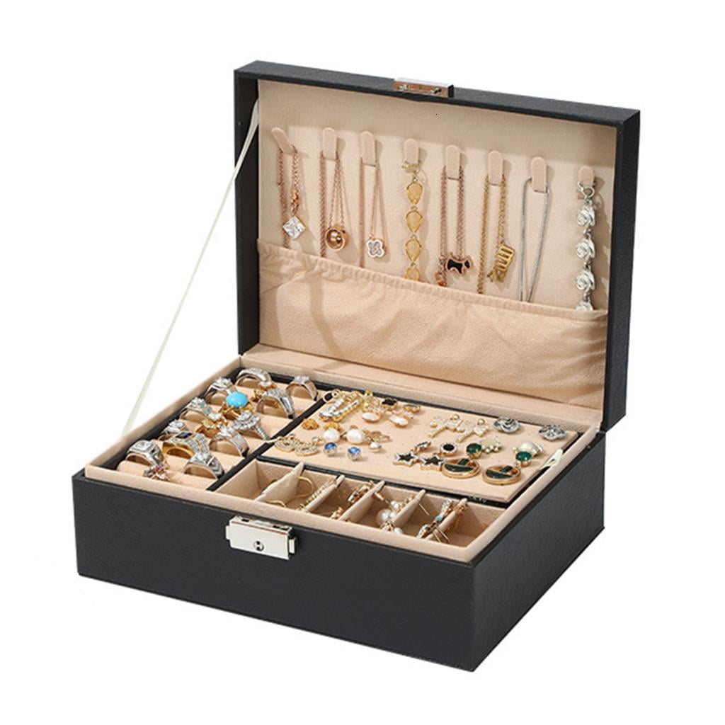Osdhezcn Lockable Jewelry Organizer Double Layer PU Leather Jewelry Box ...
