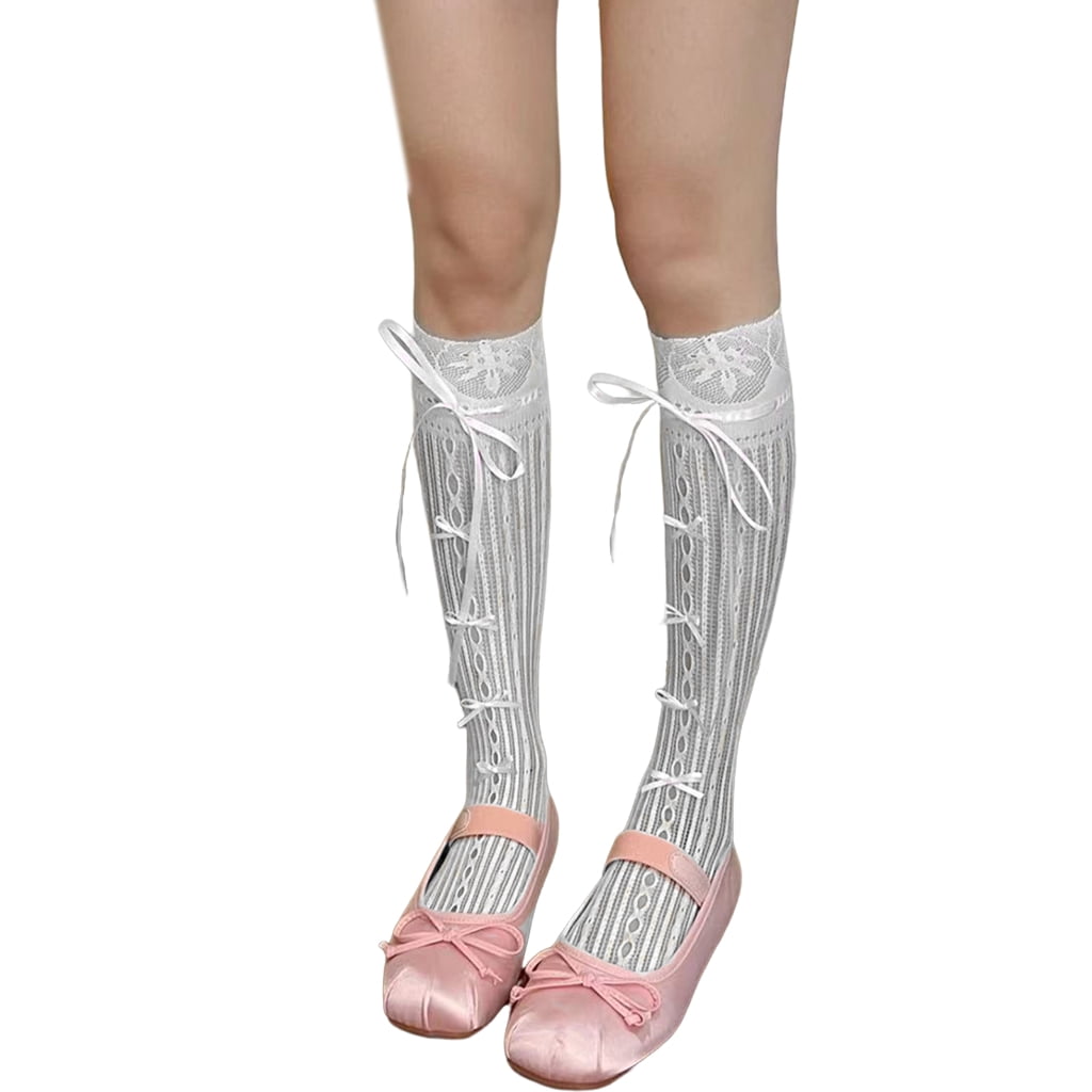 Osdhezcn Summer Hollows Ribbed Stocking Ballet Style Bows Tie Knee ...