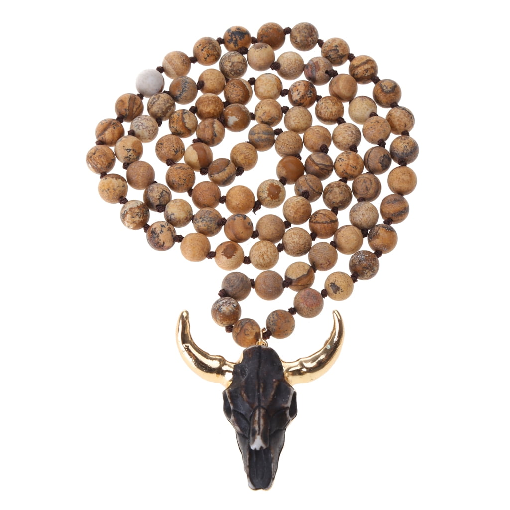 Osdhezcn Trend Necklace Round Natural Stone Beaded Necklace Ox Horn ...