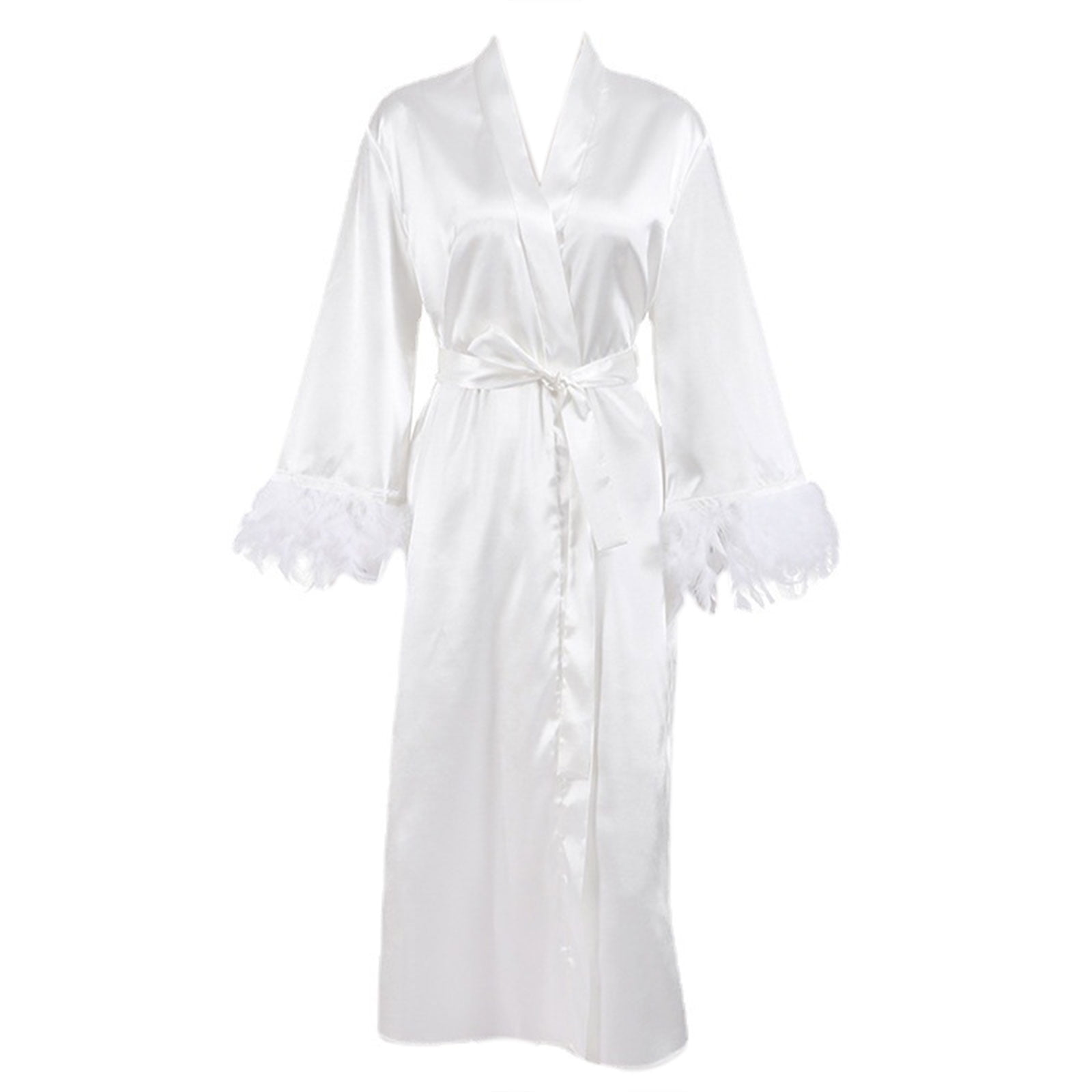 Osdhezcn White Feather Robe With Fur Full Sleeves Sleepwear Satin Robes ...