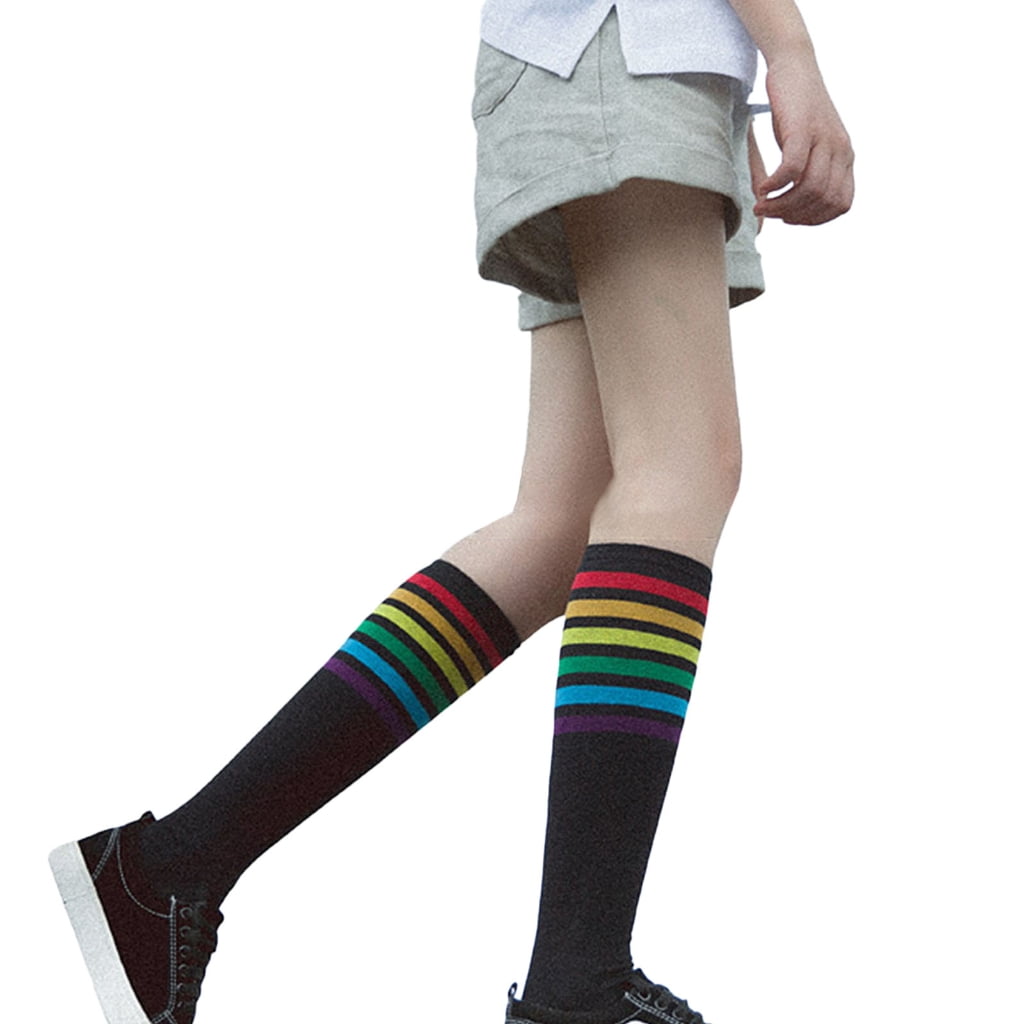Osdhezcn Women Japanese Cotton Long Socks Rainbow Striped School JK ...