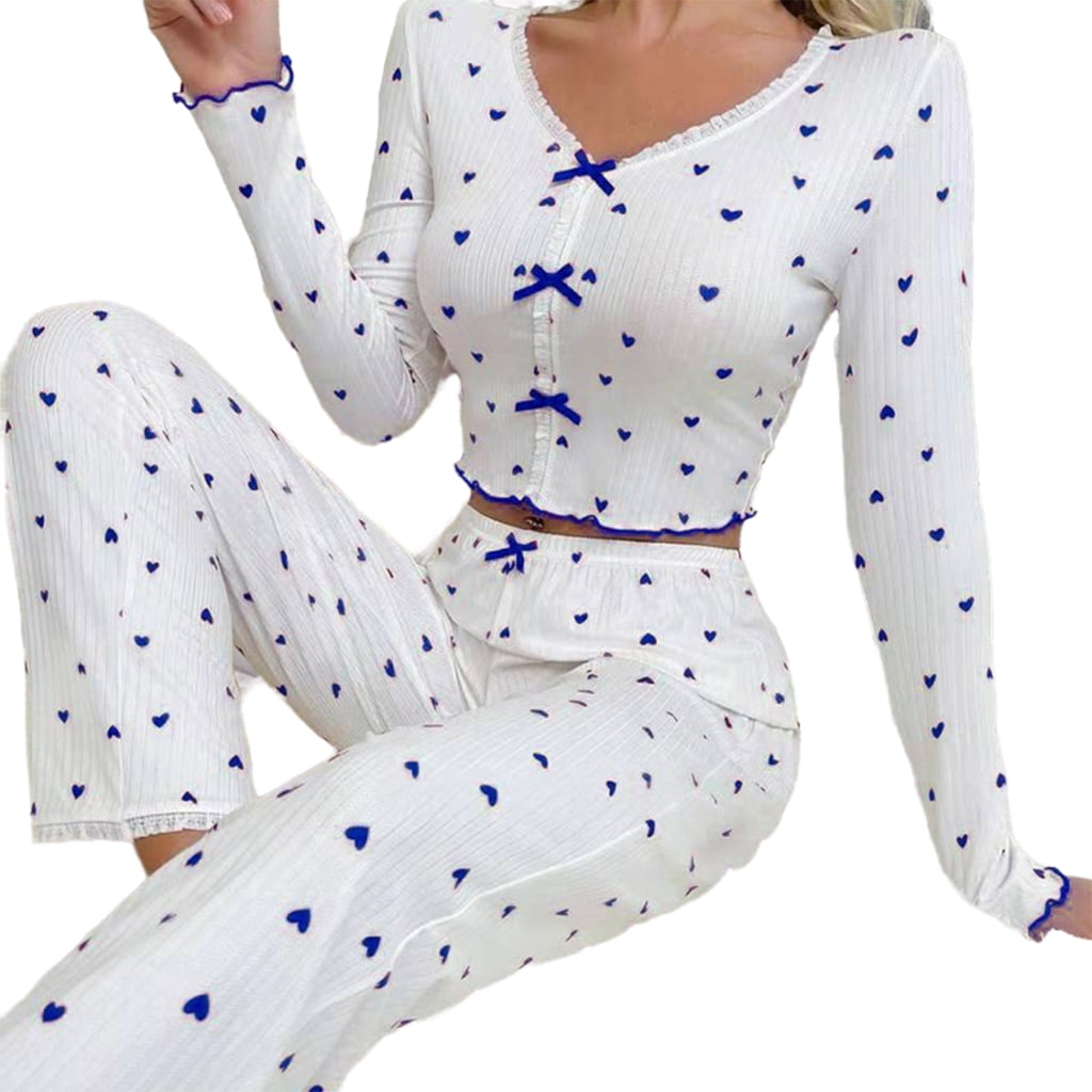 Osdhezcn Women Long Sleeve Pajama Set Heart Print Crop Top and Pant ...