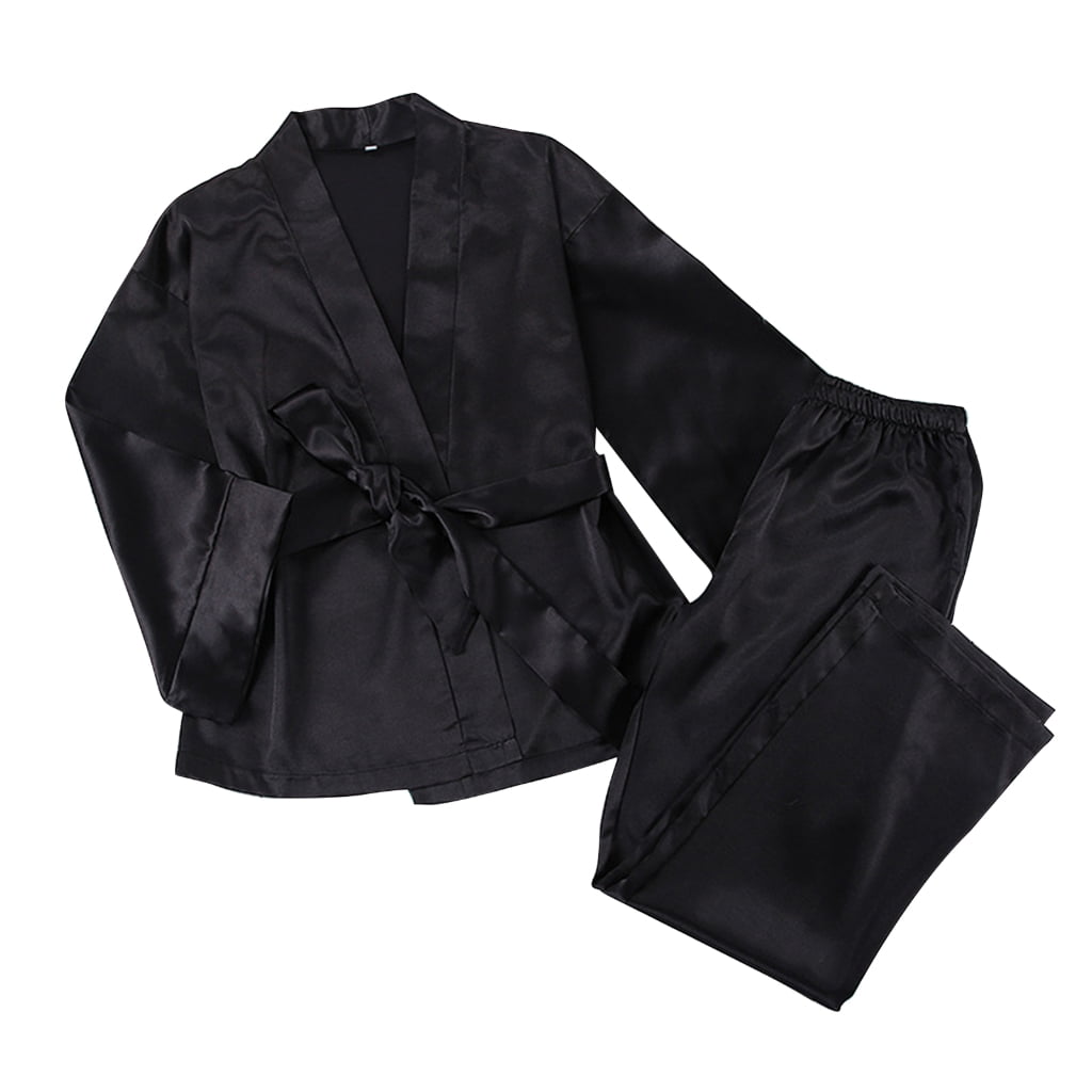 Osdhezcn Women Satin Pajamas Sleepwear V-Neck Belt Robe Top and Pants 2 ...