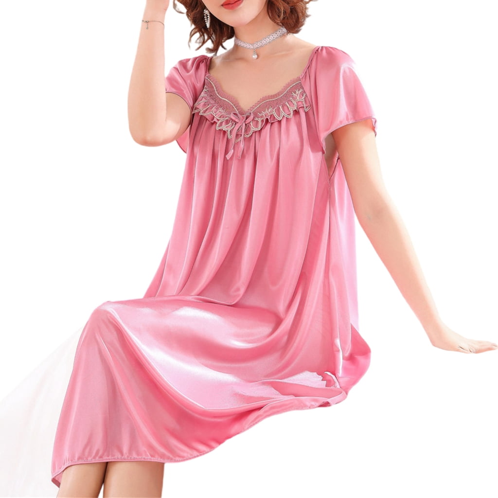 Osdhezcn Women's Long Ice Silk Nightgown,Summer Short Sleeve Sleep ...