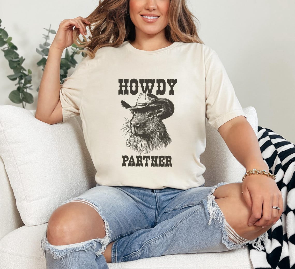 Osec Cowboy Capybara Shirt Howdy Partner Funny Animal Tshirt Cowboy Hat Boots Western Capybara ...