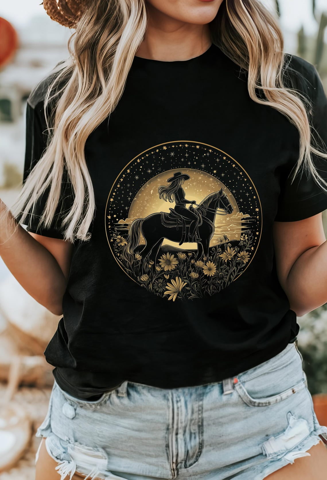 Osec Cowgirl Riding Horse In Wildflower Field Shirt Maximalist Floral ...