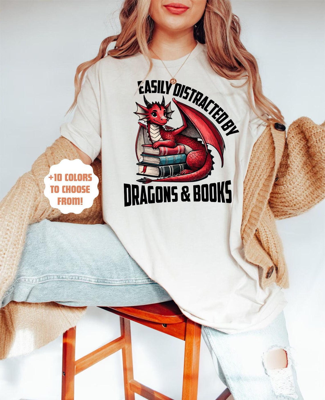 Osec Easily Distracted by Dragons & Books T-Shirt | Funny Bookworm Tee ...
