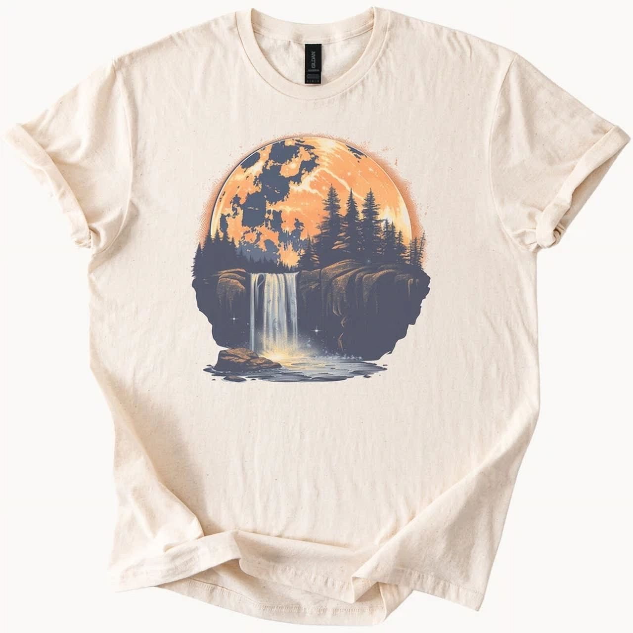Osec Moon Waterfall Shirt Nature Scene Tee Graphic Top, Retro Tee For ...
