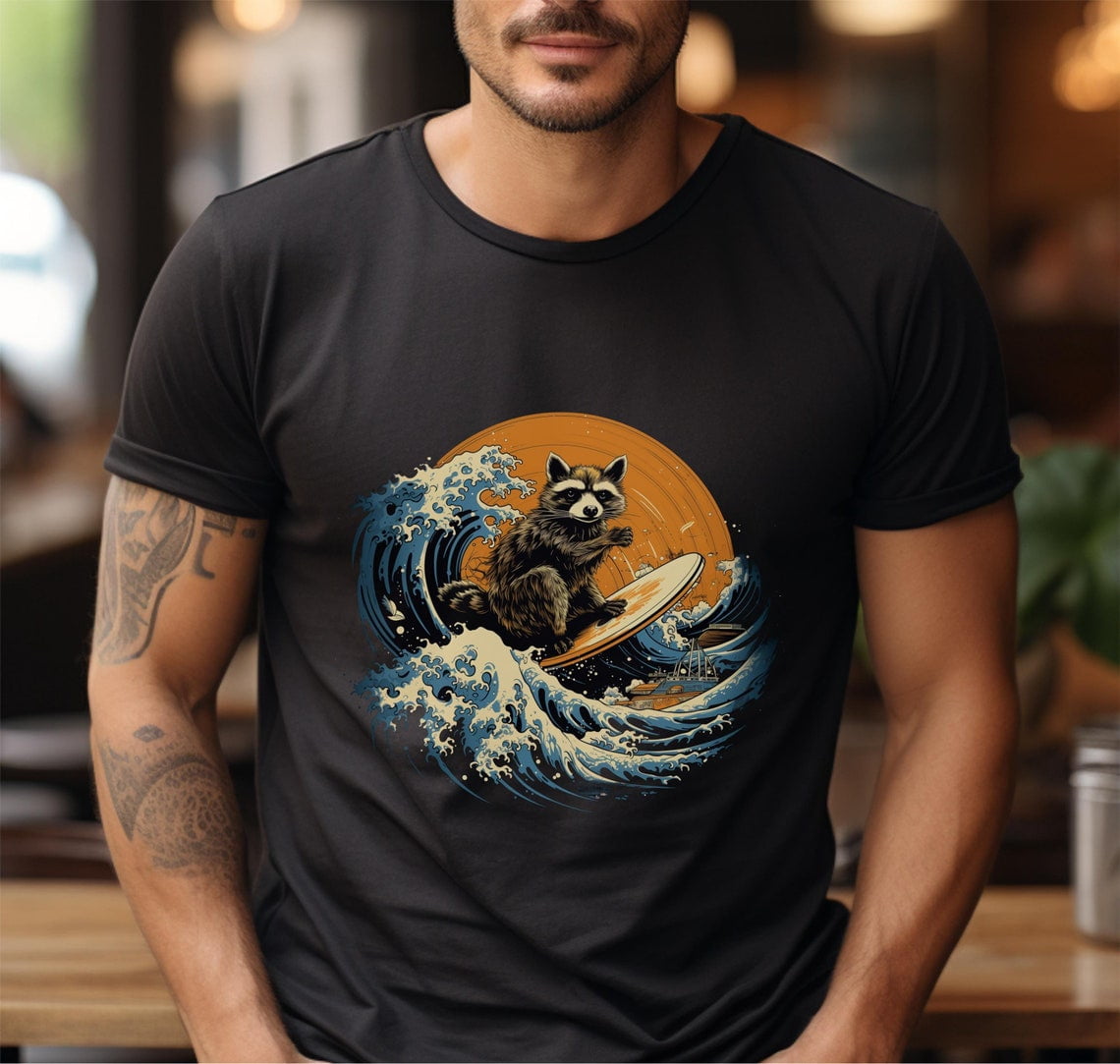 Osec Raccoon Surfing Japanese Wave T-Shirt Funny Raccoon Lover Shirt ...