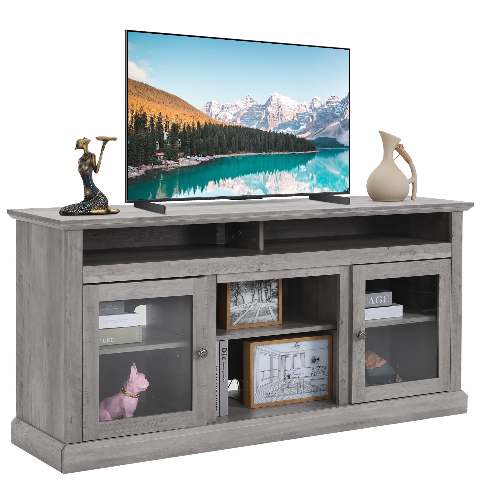 TV Stand for 65 Inch TV, Entertainment Center with Two Glass Barn Doors ...