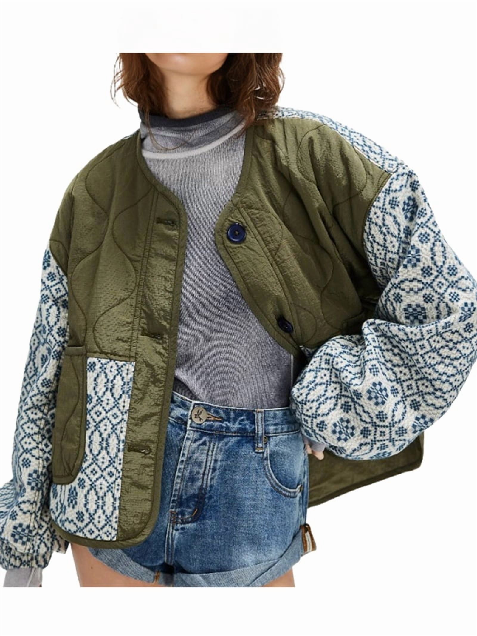 Osfvolr Women'S Quilted Down Jacket Collarless Button-Down Floral Print ...