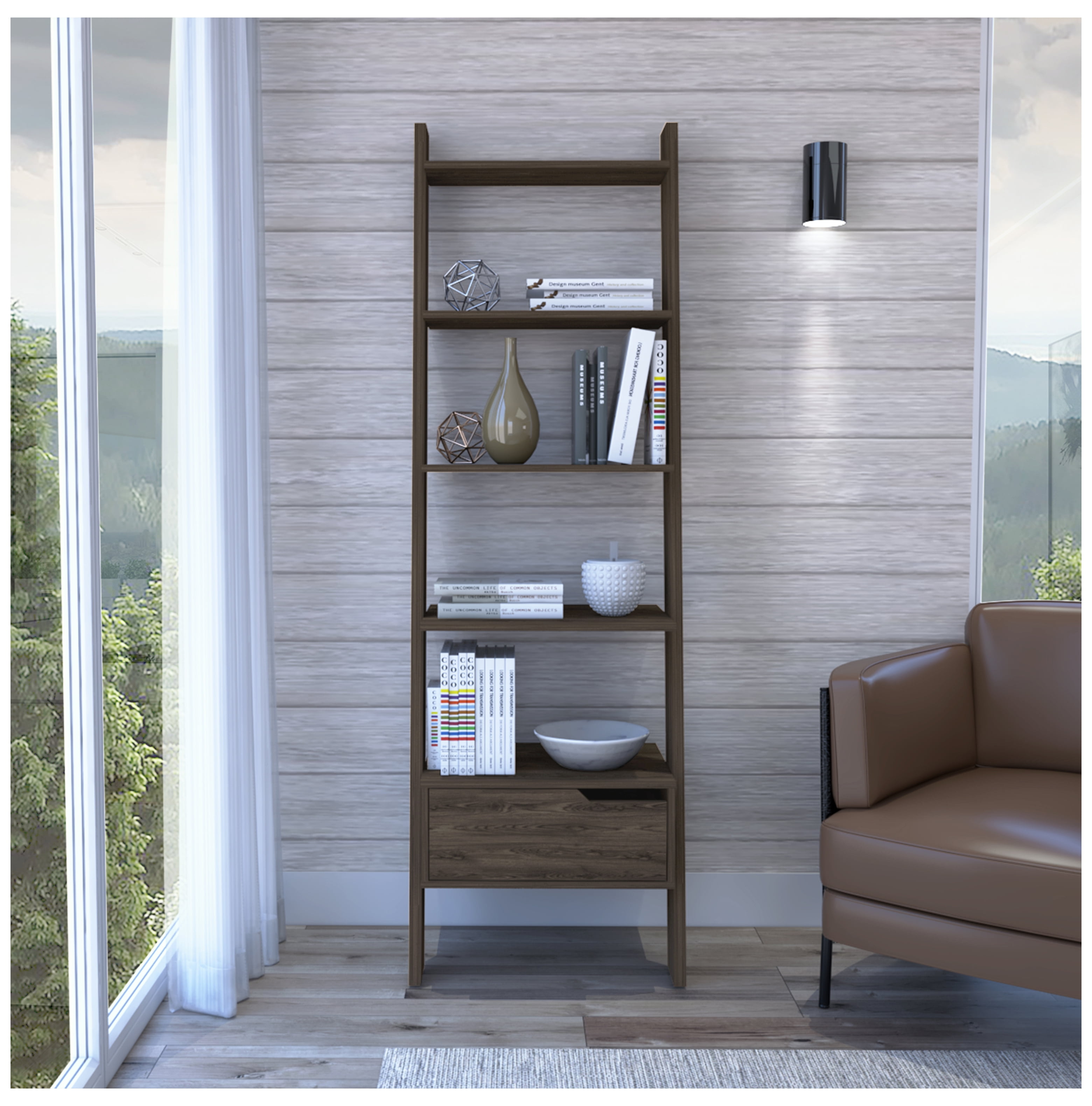 Oslo Ladder Bookcase, Four Legs, One Drawer, Five Open Shelves -Dark ...
