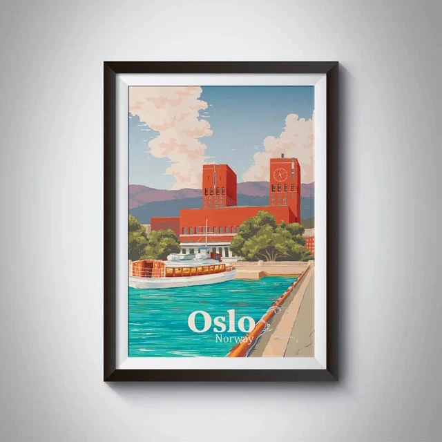 Oslo Norway Travel Poster, Norwegian Wall Art, Scandinavian, Radhuset ...
