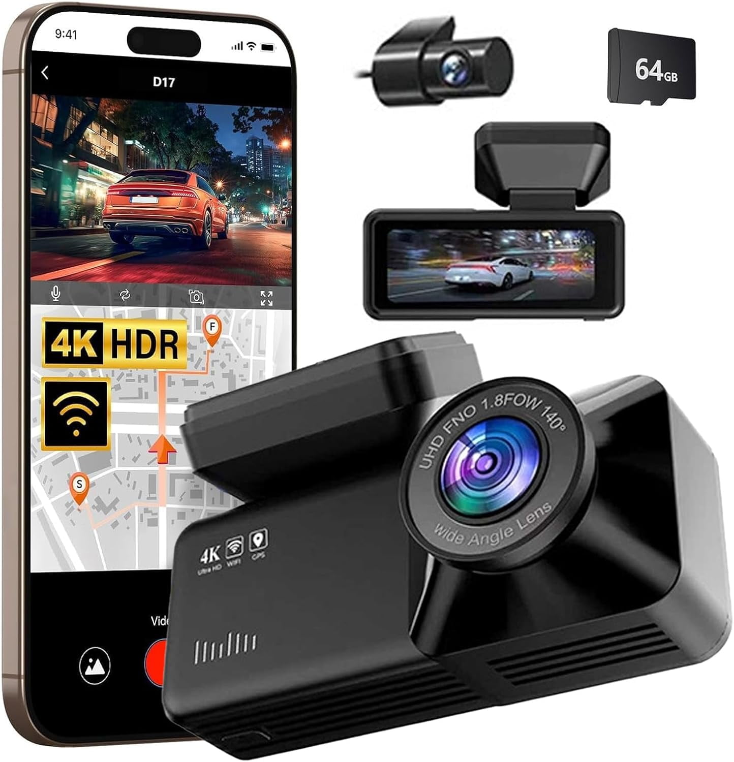 Osmo Dashcam Pro, 4K Wireless Car Dashcam Front and Rear, 5.8GHz WiFi GPS, Built-in 64GB Card ...