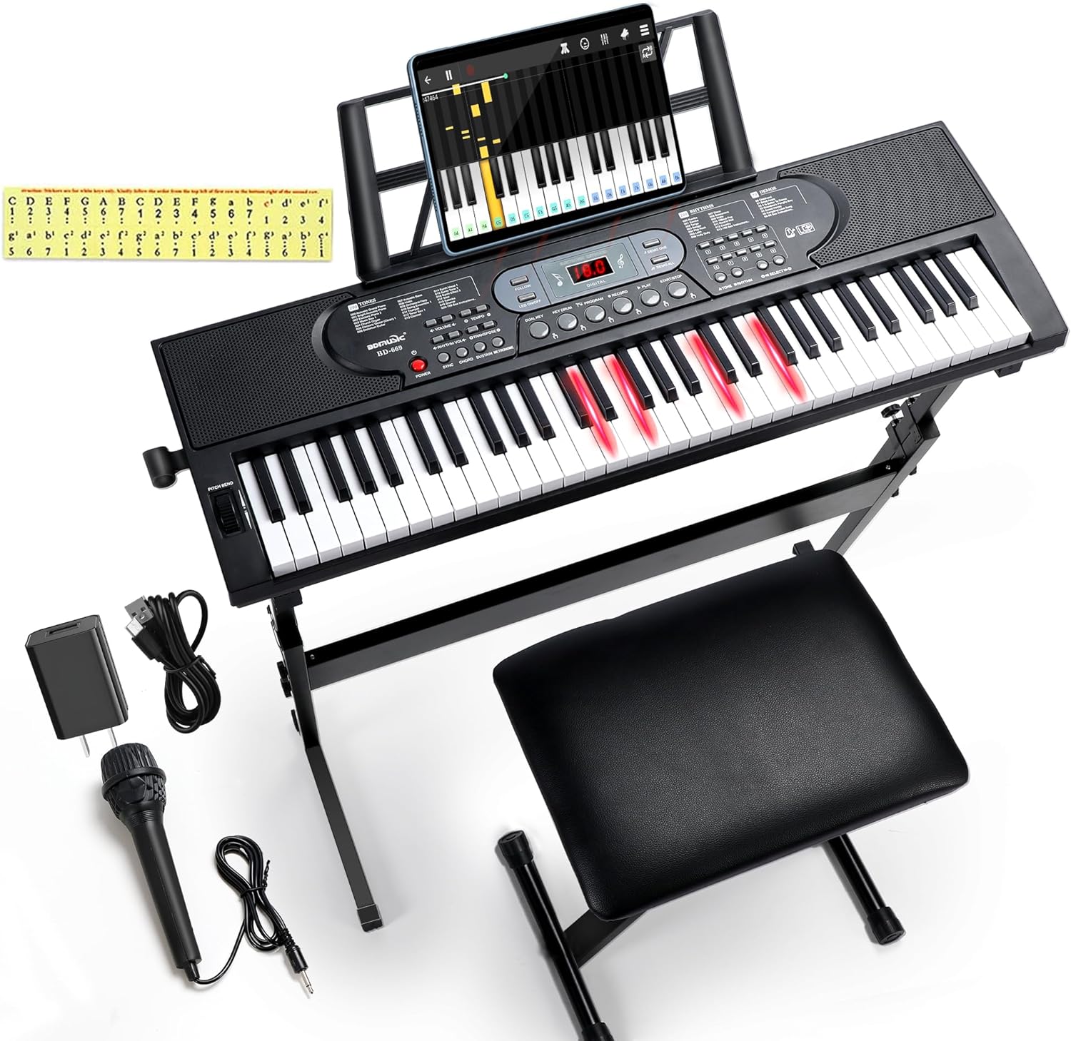 Glarry 61 Keys Digital Keyboard with Microphone, Adjustable Stand and ...