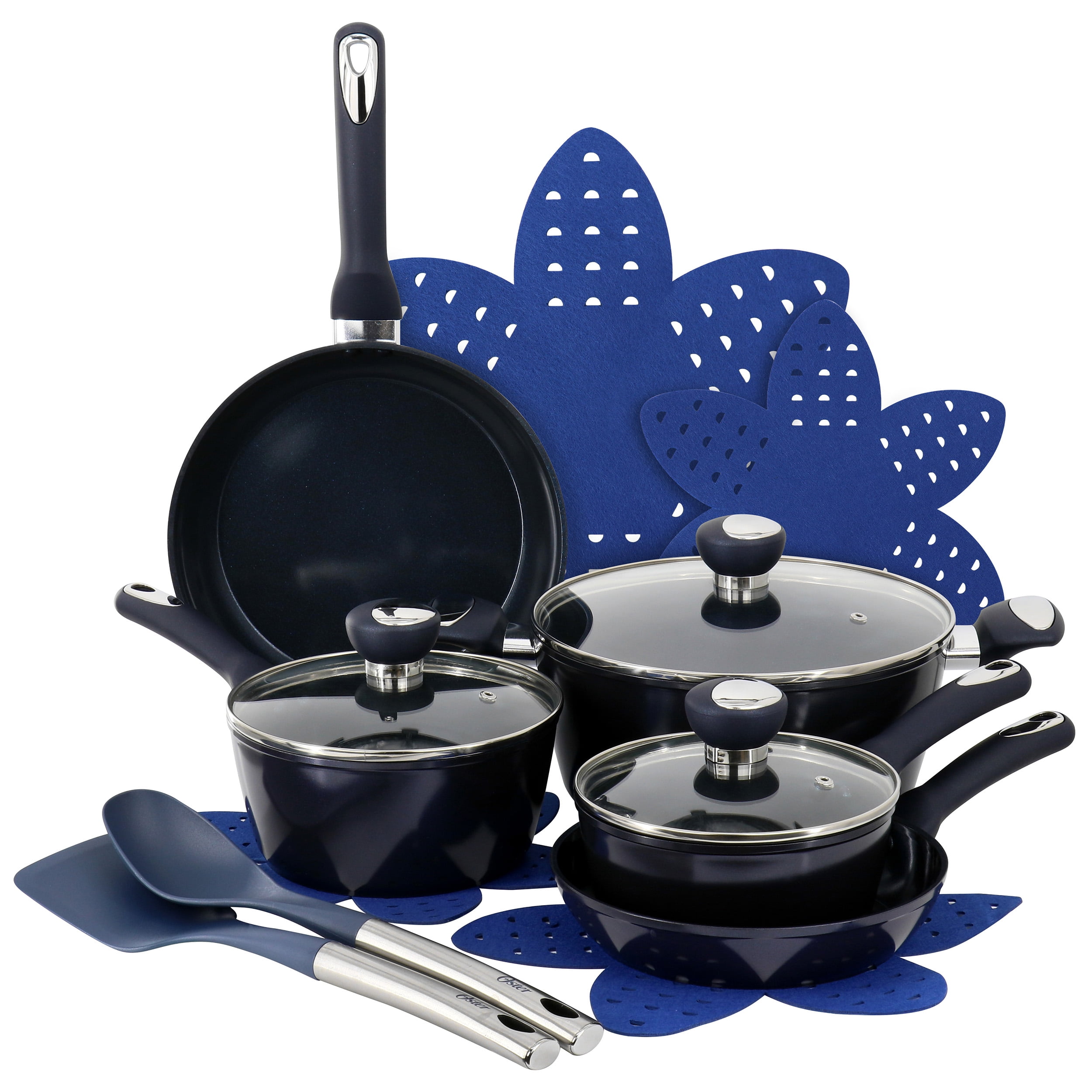 Oster Hawke 14 Piece Ceramic Nonstick Cookware Set in Dark Blue ...