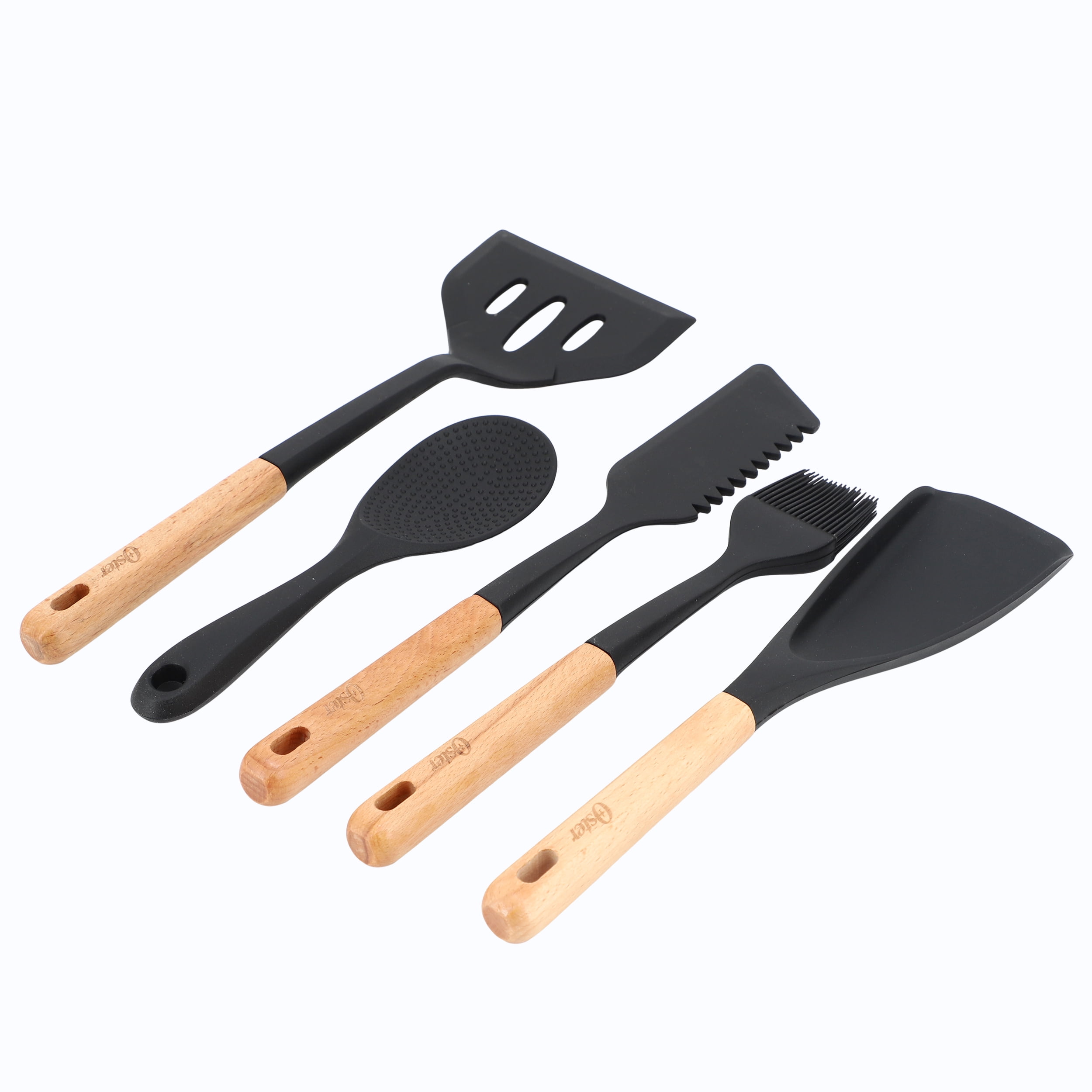 Oster Marion 5 Piece Silicone and Wood Kitchen Tool Set in Black ...