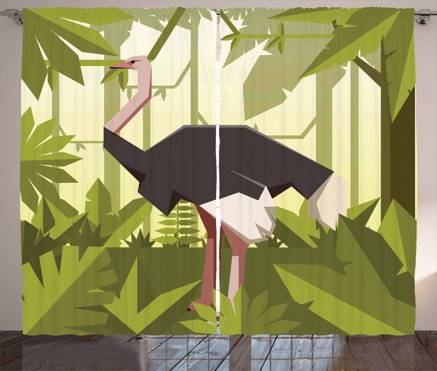 Ostrich Curtains 2 Panels Set, Jungle Animal in Fractal Digital Style ...
