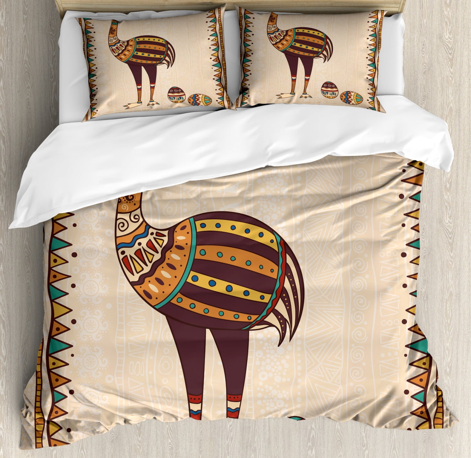 Ostrich Duvet Cover Set Queen Size, Ethnic Ornamental African Animal ...