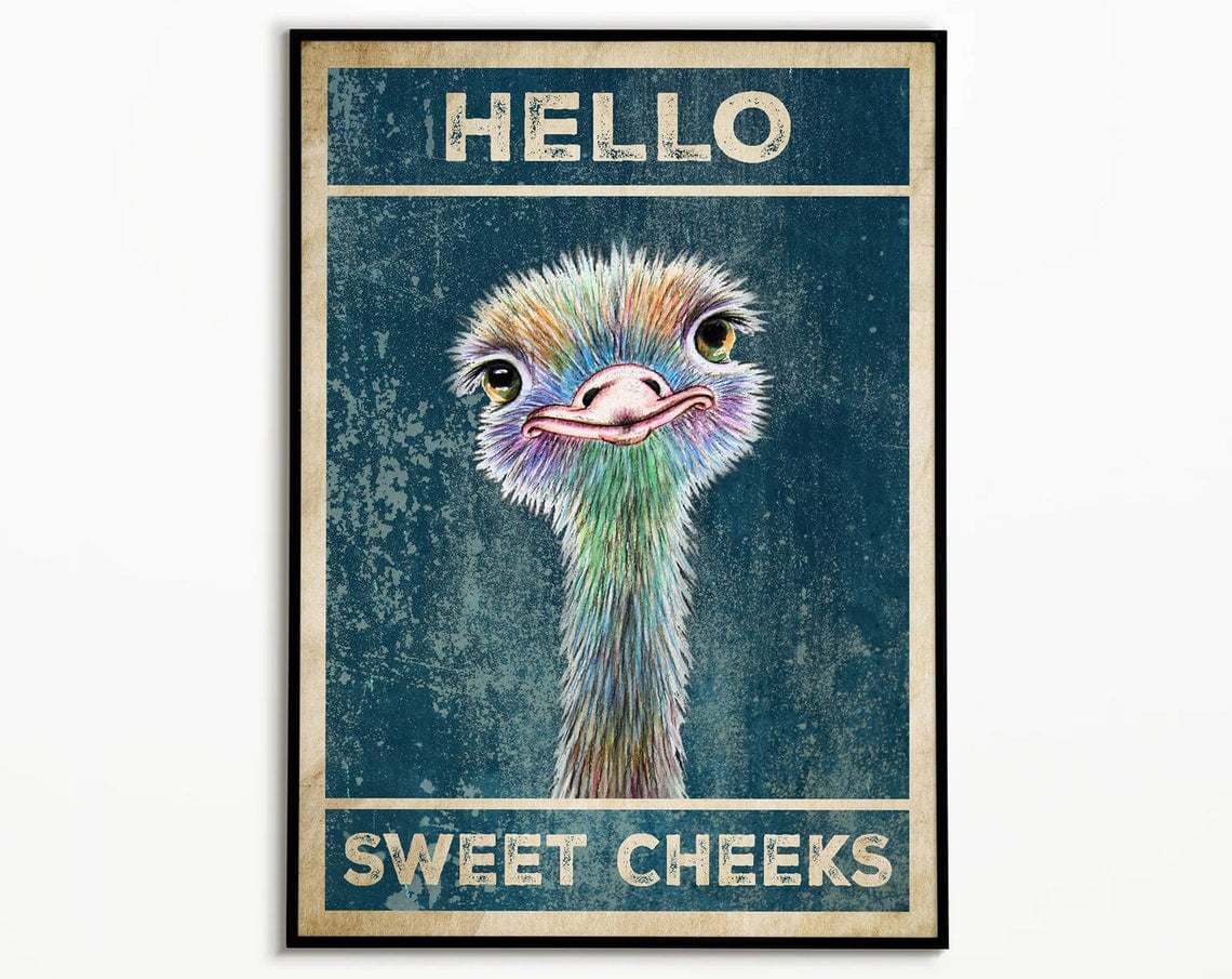 Ostrich Hello Sweet Cheeks Poster, Wall Art Decor, Vintage, Comical ...