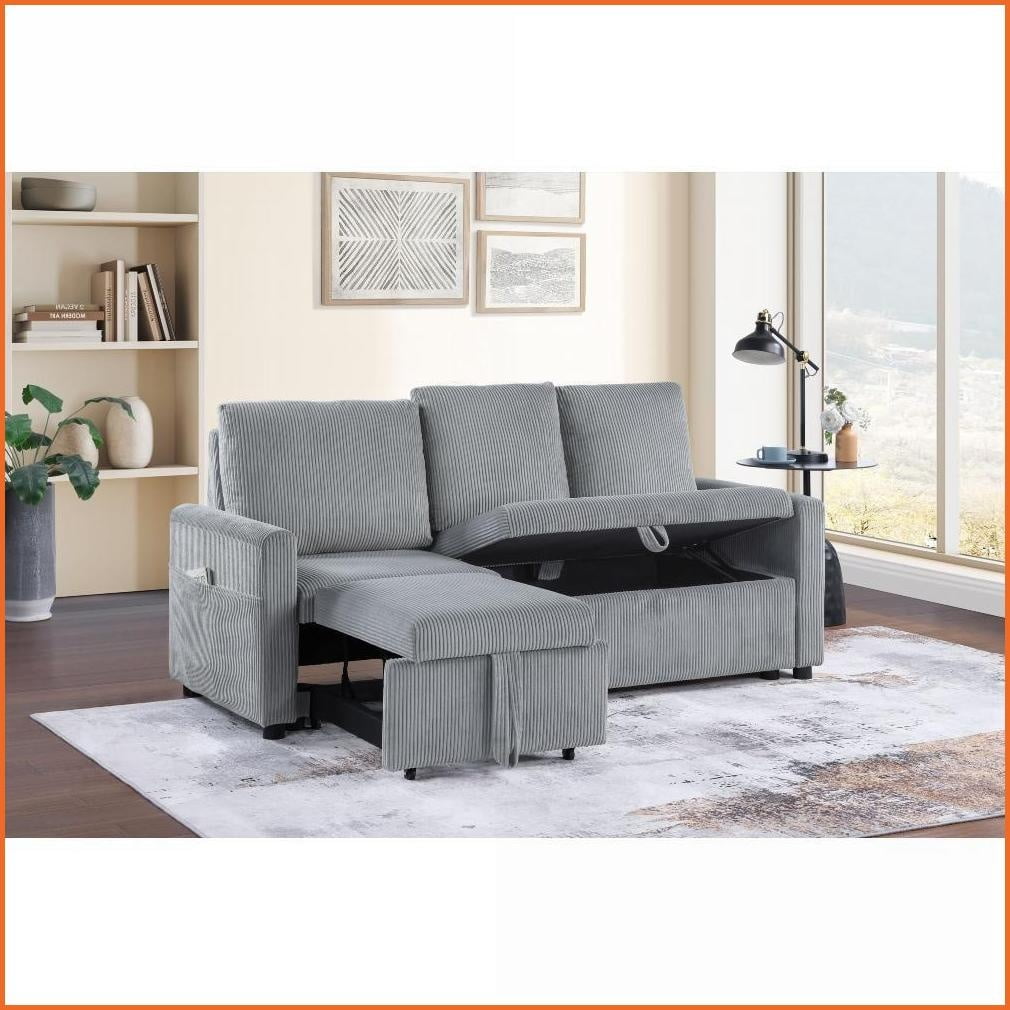 Oswin 70”W Gray Corduroy Sofa with Pull-Out Chaise, Underseat Storage ...