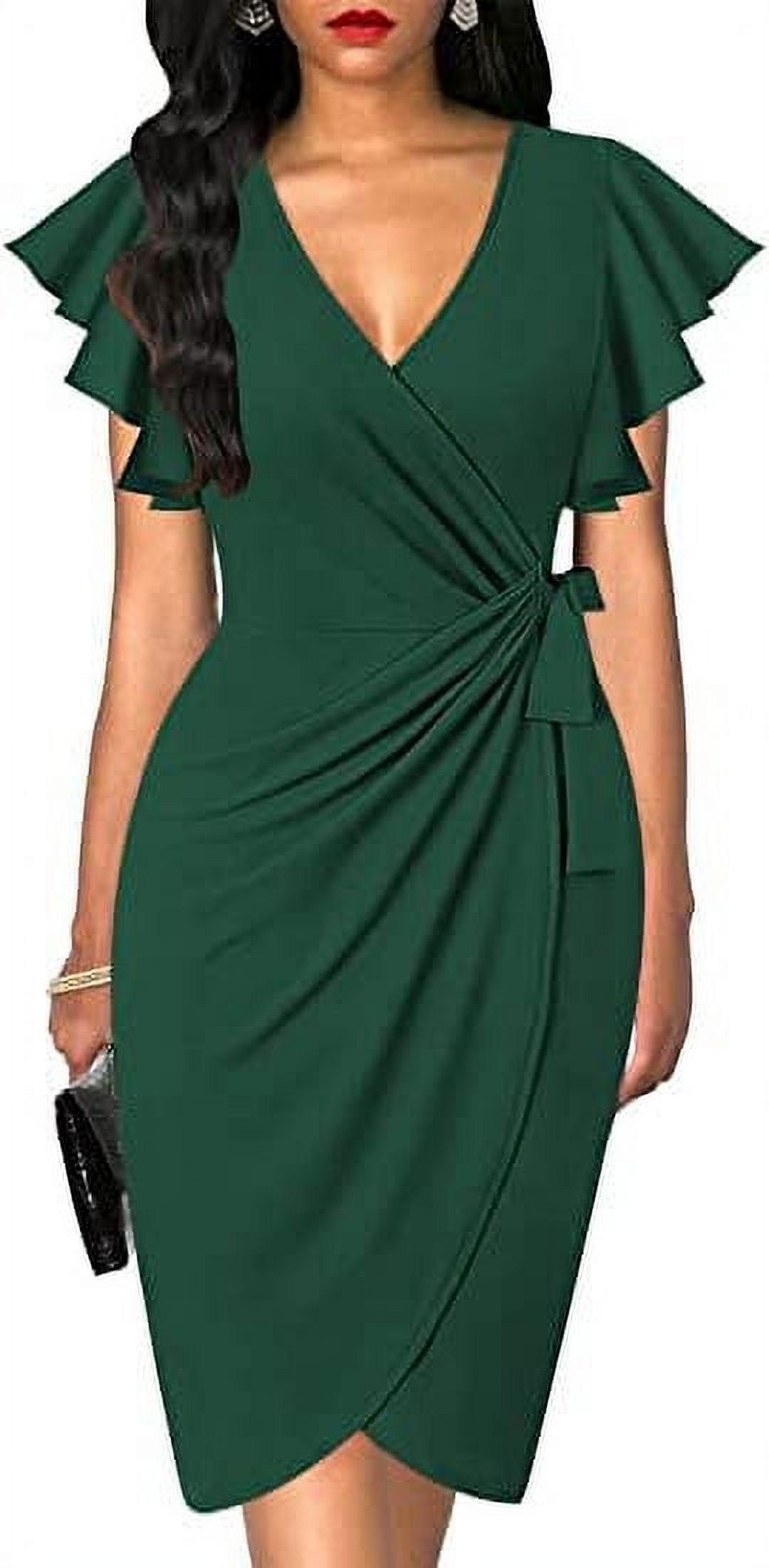 Oten Women's Deep V-neck Ruffle Edge Sleeves Solid Color Belt Cocktail ...