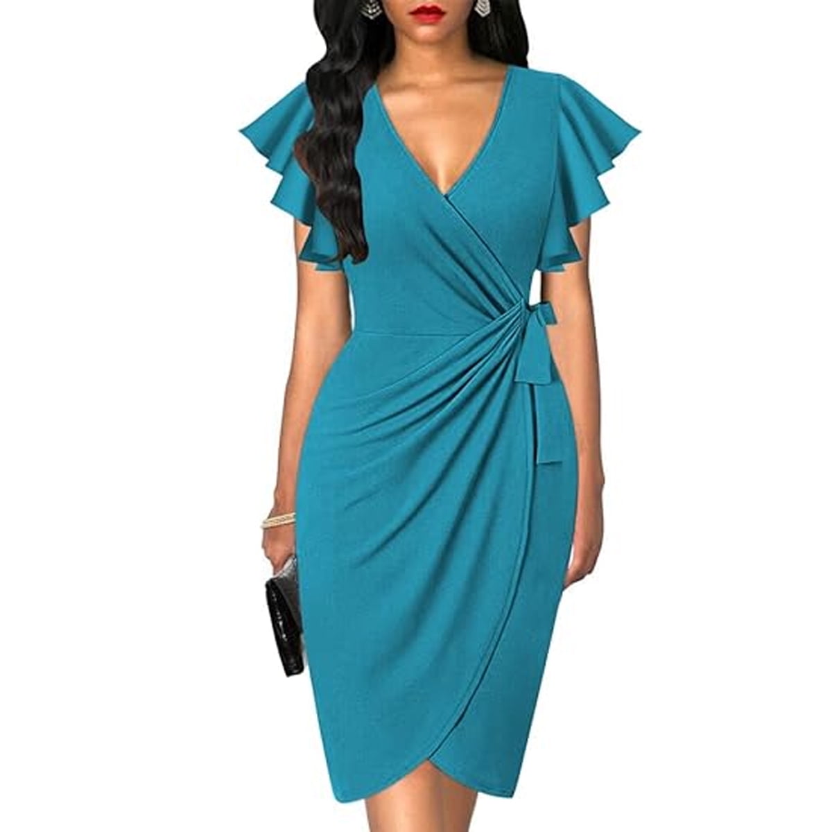 Oten Women's Dress Ruffle Sleeve Mid Dress Casual Cocktail Party Work ...