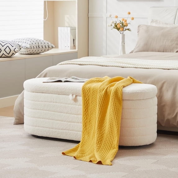 Comfort Stretch 45x16.5 Inch White Teddy Storage Ottoman Bench,Oval ...