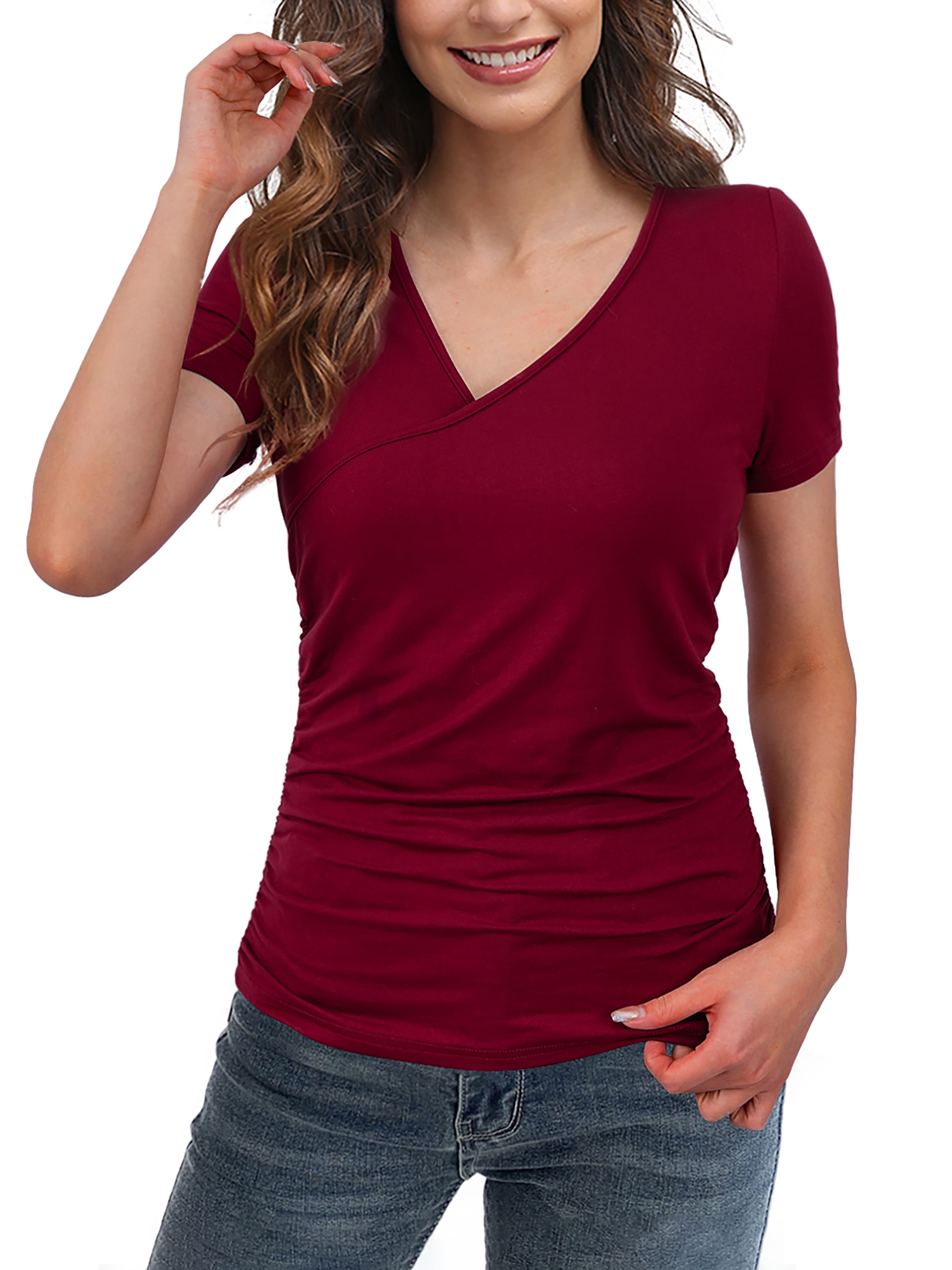 Othyroce Womens Tops Short Sleeve Blouses Faux Wrap Casual V Neck ...