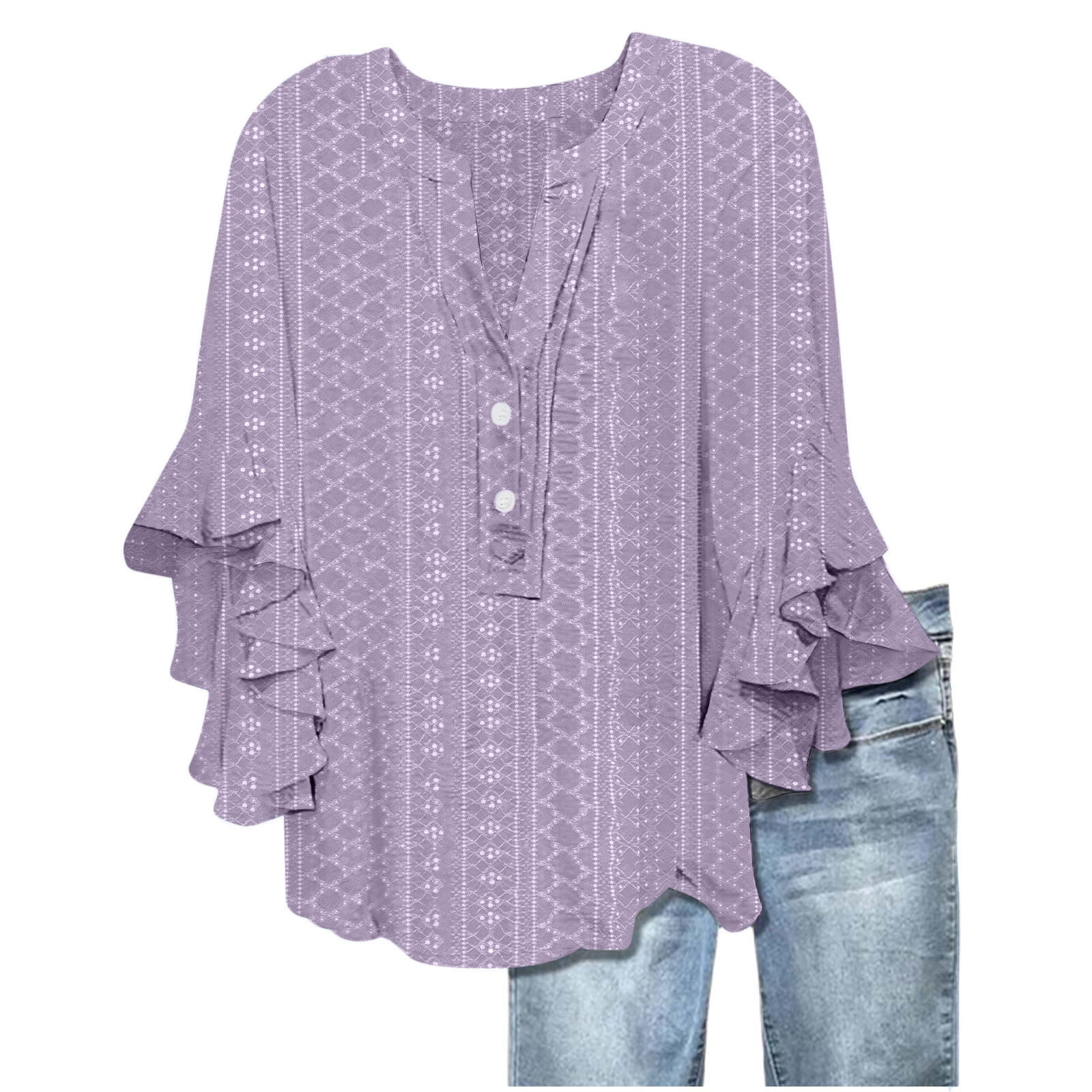 Otntypg 3/4 Flared Sleeve Lace Crochet Eyelet Tops for Women Casual ...