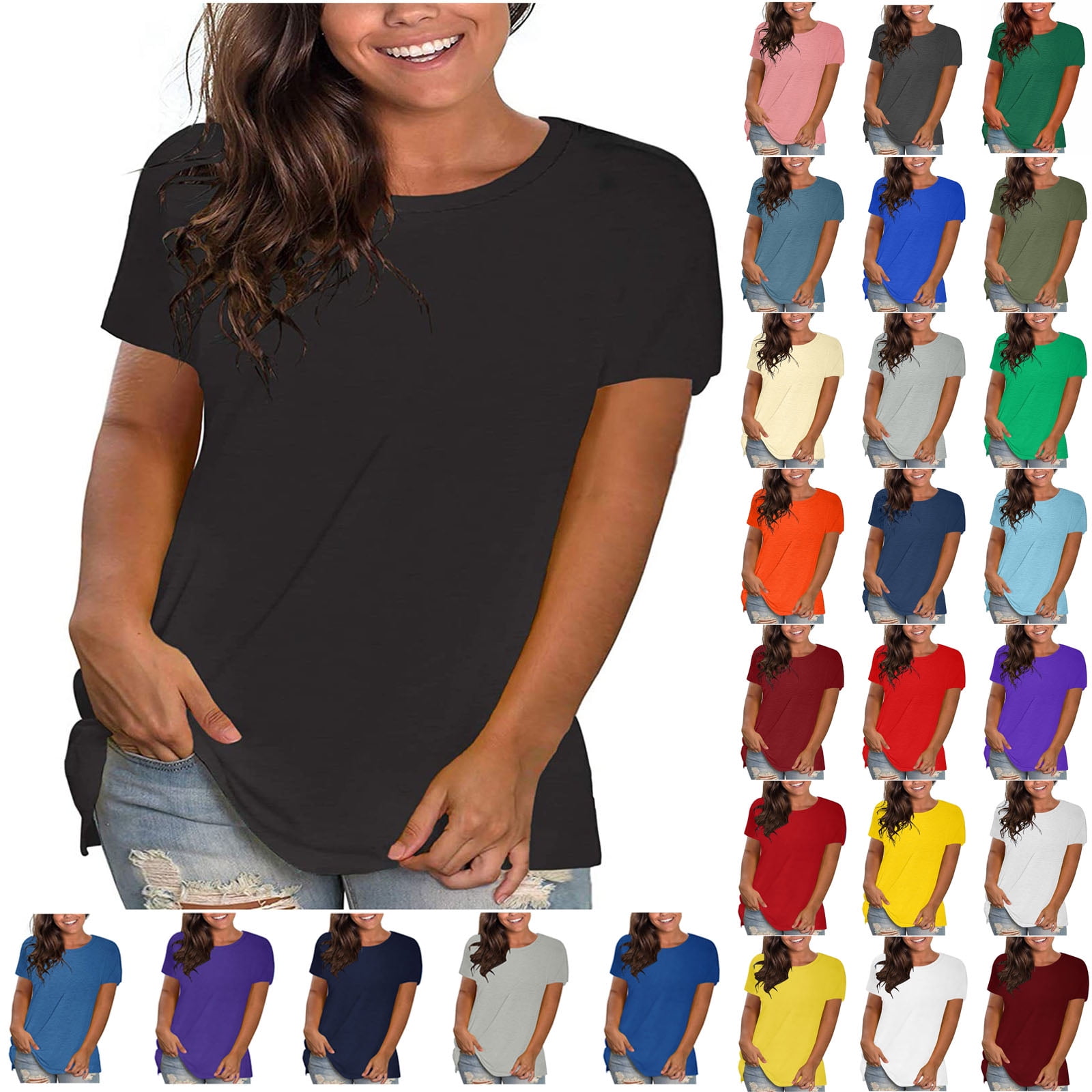 Otntypg Plus Size Tops for Women Casual Dressy Short Sleeve Round Neck Basic Plain Tees Shirt ...
