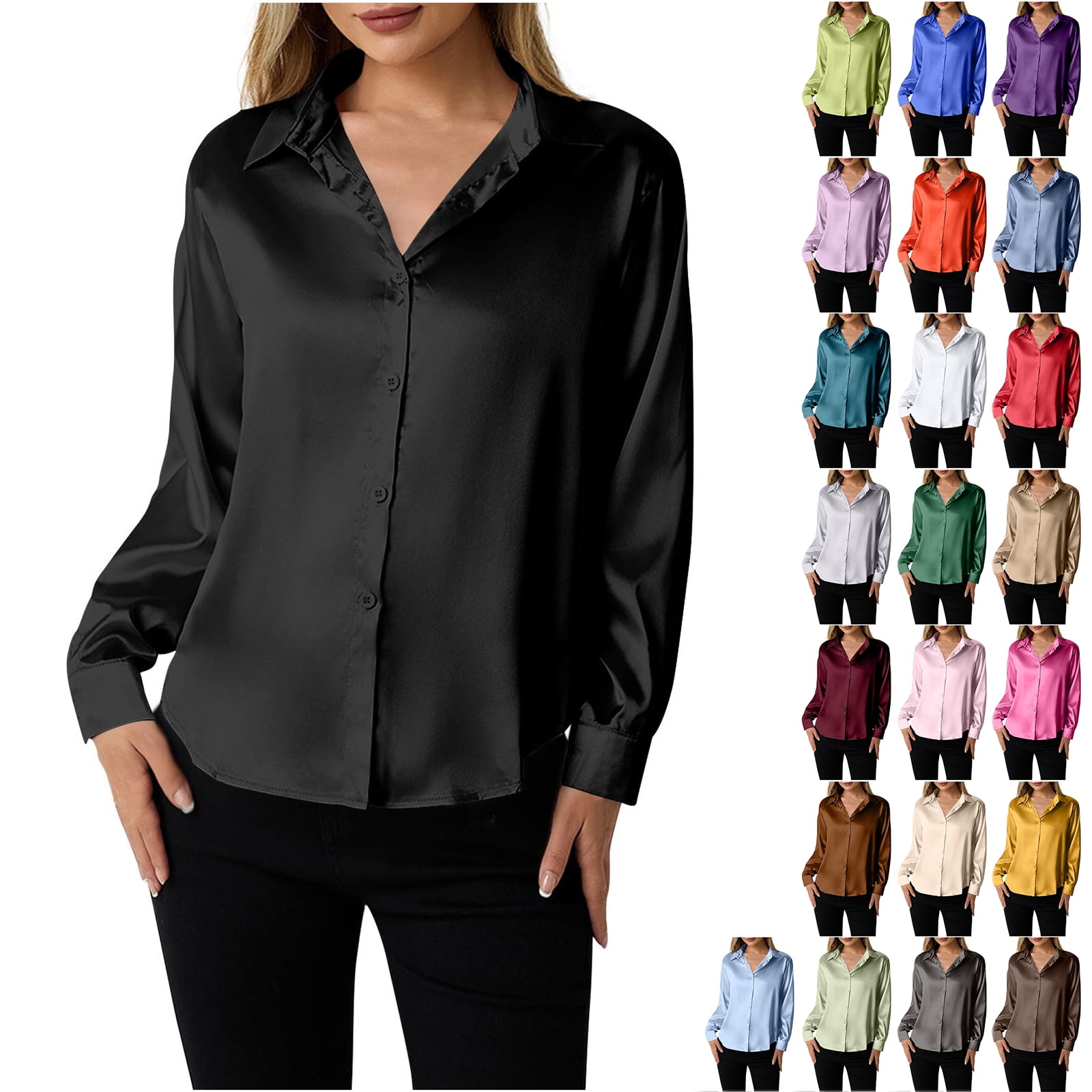 Otntypg Satin Blouses for Women Silk Button Down Shirts Dressy Casual ...