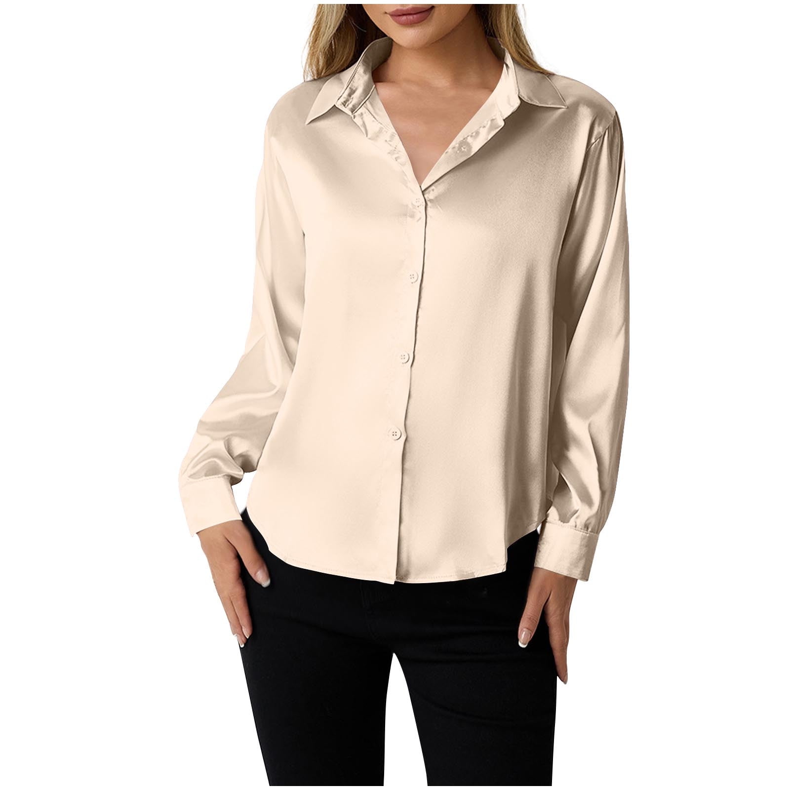 Otntypg Satin Blouses for Women Silk Button Down Shirts Dressy Casual ...
