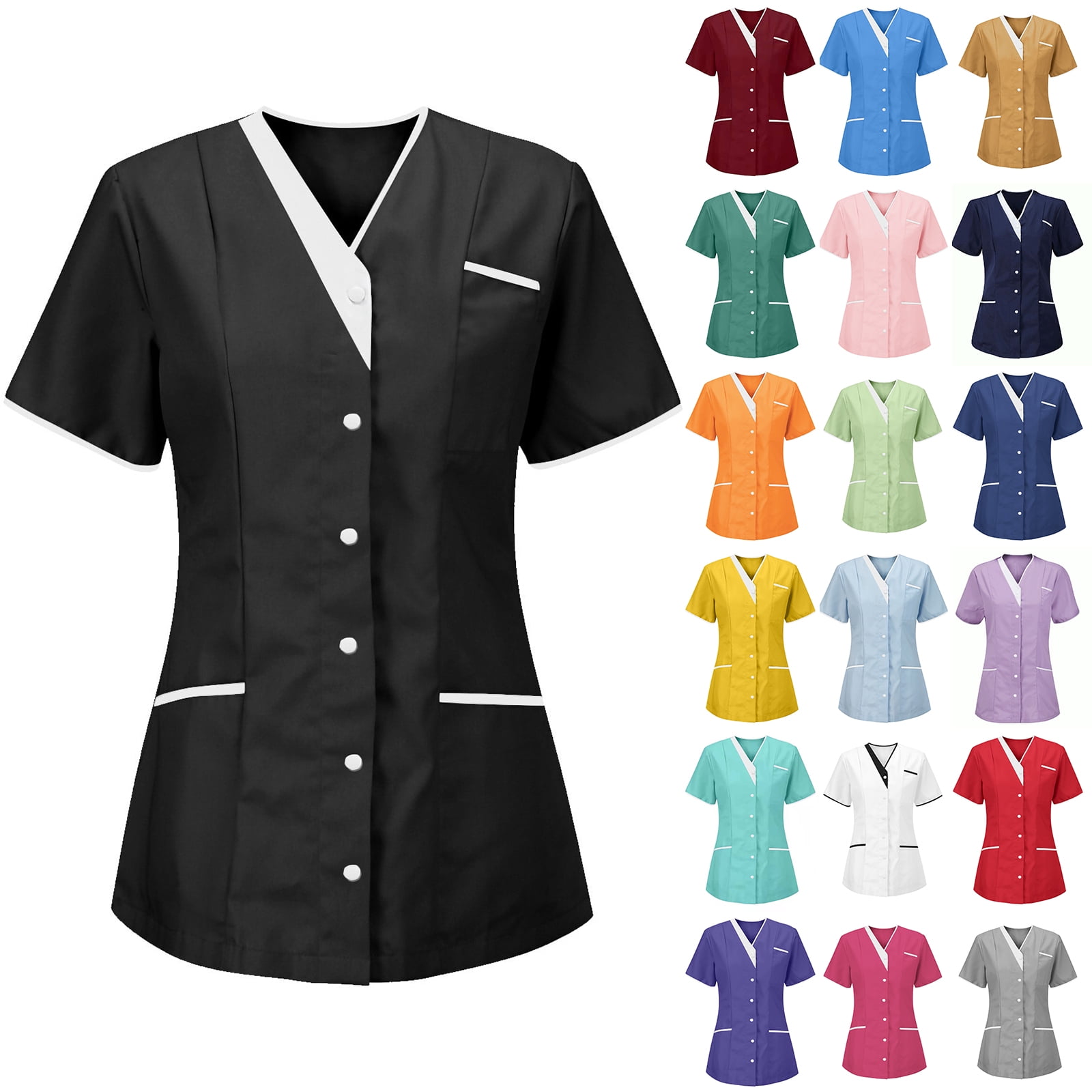 Otntypg Scrubs for Women Lightweight Casual Button Down V Neck Short ...
