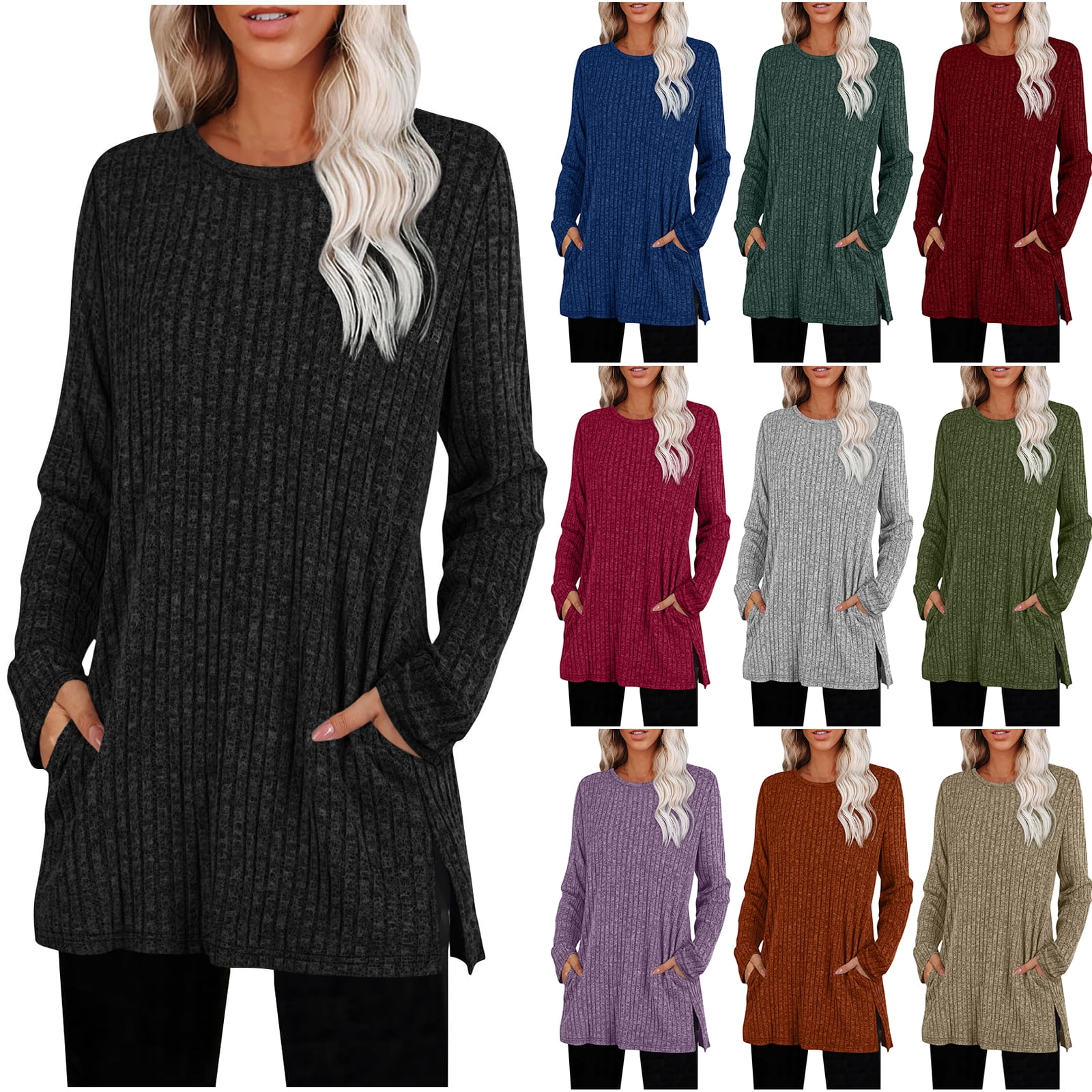 Otntypg Tunic Sweaters for Women Trendy Fall Long Sleeve Ribbed Knitted ...