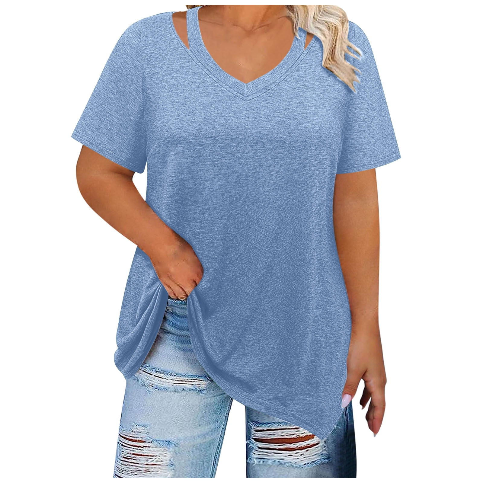 Otntypg Women Plus Size Tops Trendy Solid Color Cut Out V Neck Summer ...