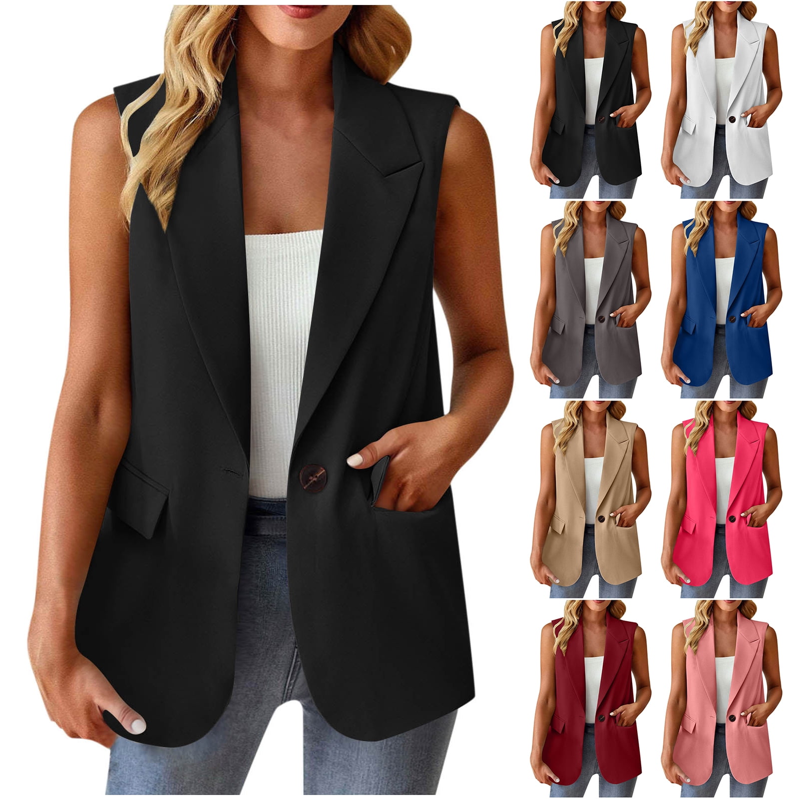 Otntypg Women Sleeveless Blazer Vest Casual Open Front V Neck Fully ...
