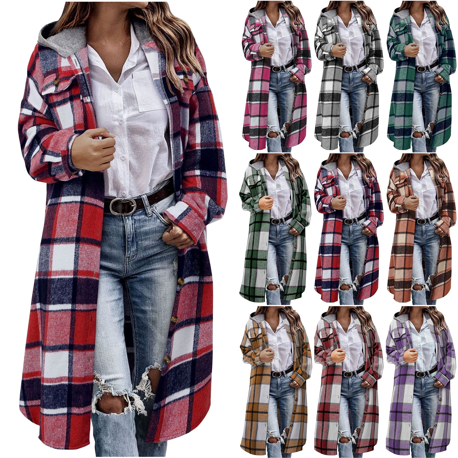 Otntypg Women's Flannel Hooded Plaid 2025 Shacket Thick Coat Winter ...