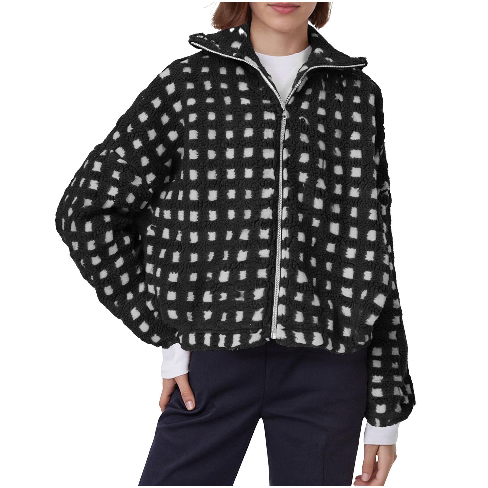 Otntypg Women’s Long Sleeve Cropped Sherpa Fleece Plaid Jacket Trendy ...