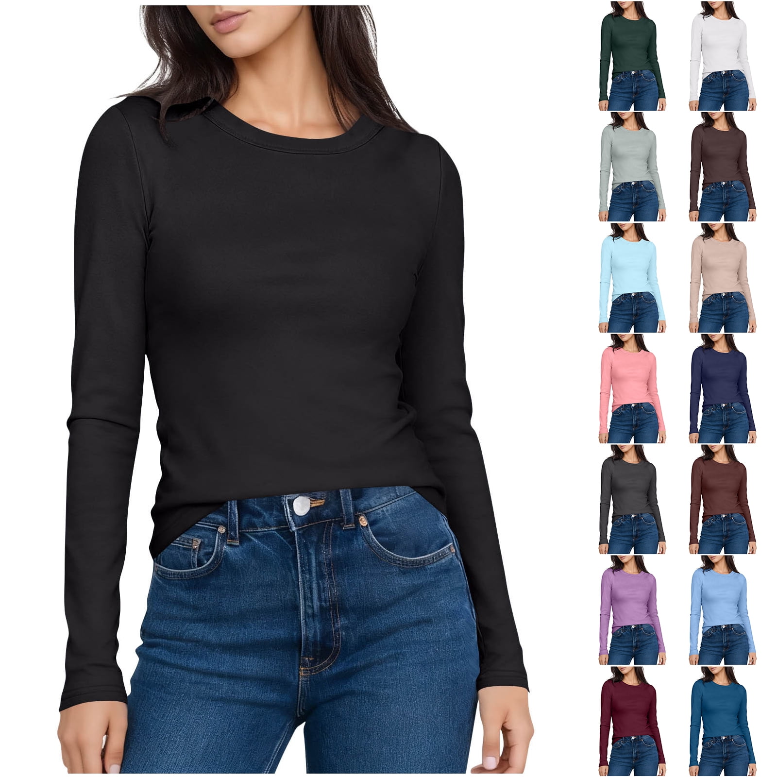 Otntypg Women's Long Sleeve Shirts Fall Tight Fitted Tops Crewneck ...
