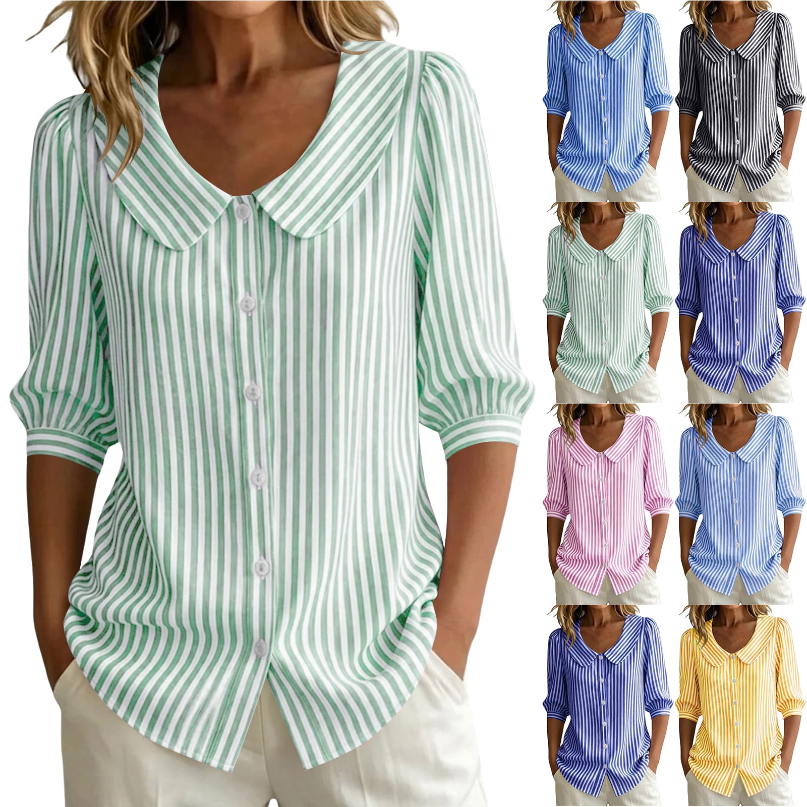 Otntypg Women's Peter Pan Collar Striped Shirt Lightweight Dressy ...