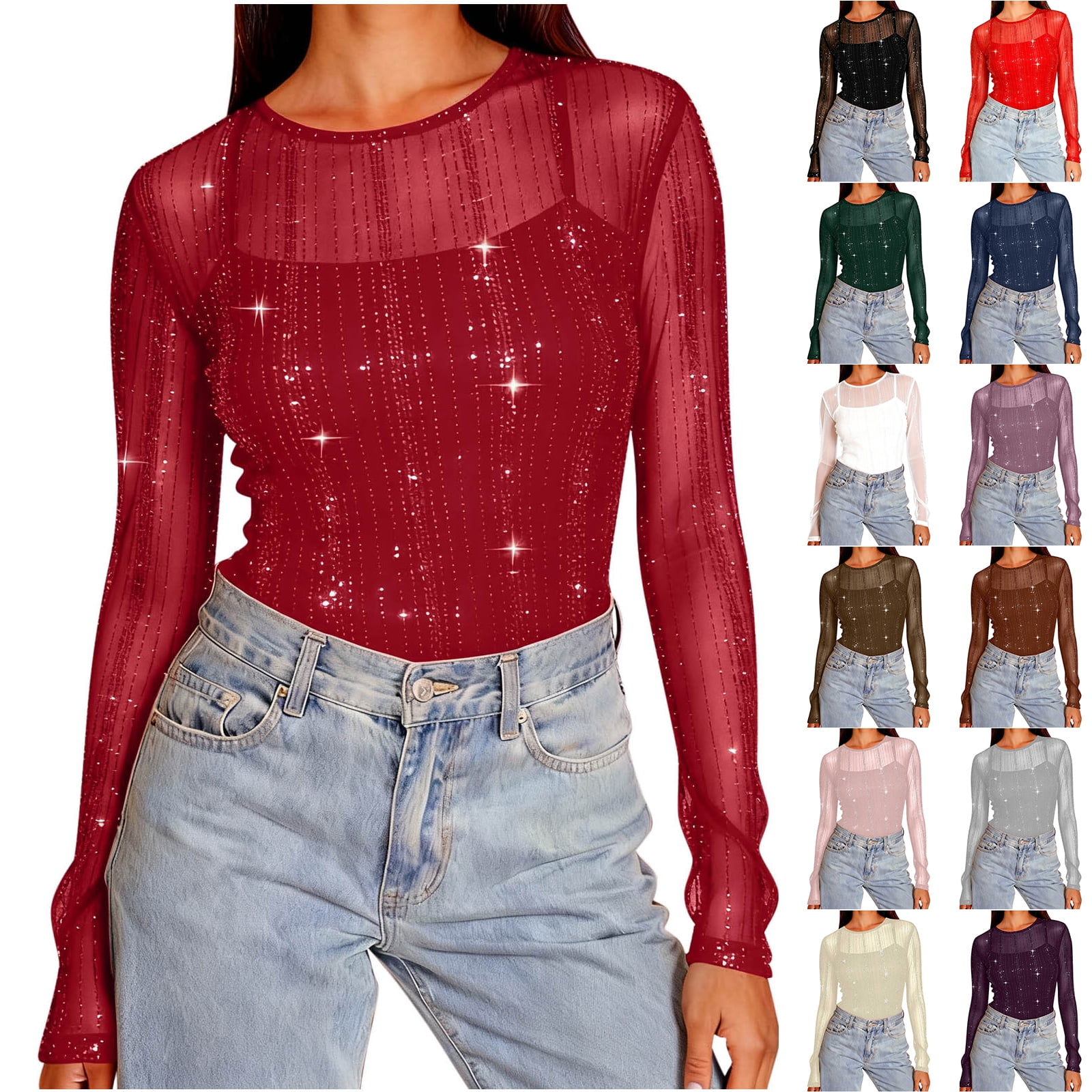 Otntypg Women's Sheer Mesh Tops Long Sleeve Crew Neck Glitter Sexy Tops ...