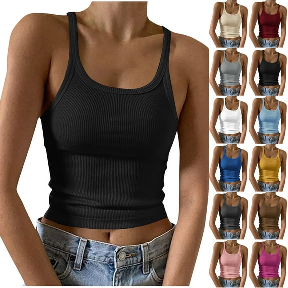 Conairie Workout Tank Tops Women Scoop Neck Sleeveless Ribbed Knit Crop ...