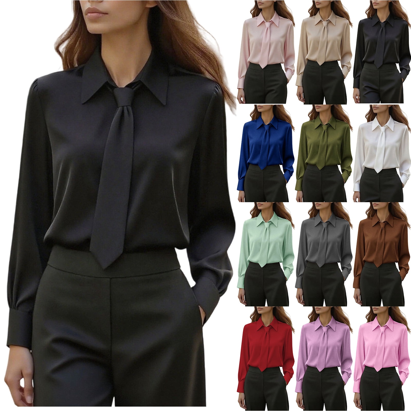 Otntypg Womens Dressy Casual Blouses Bow Tie Neck Long Sleeve Elegant ...