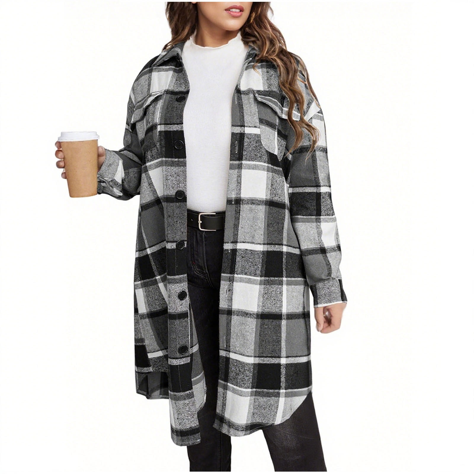 Otntypg Womens Plus Size Flannel Plaid Shacket Jackets Trendy Long ...
