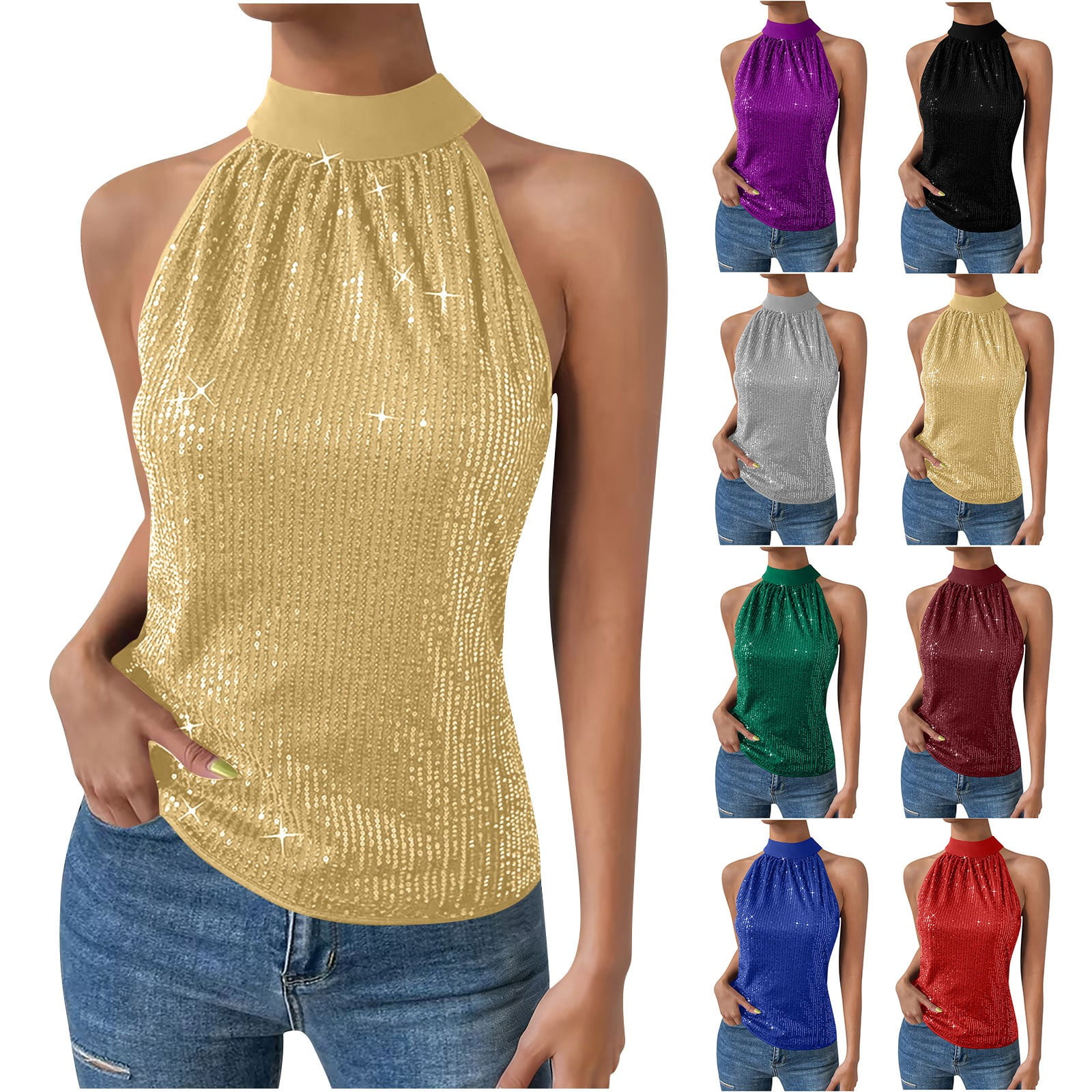 Otntypg Womens Sequin Top Sparkly Camisole Tops Sleeveless Glitter ...