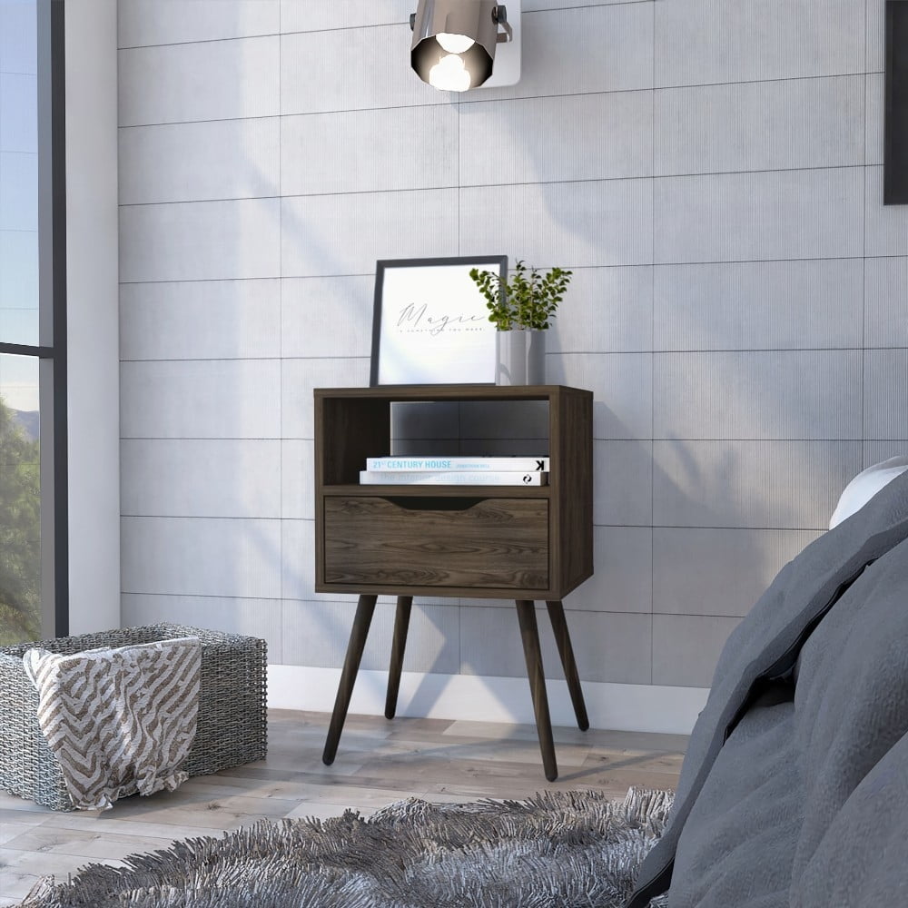 Otom Dark Walnut Modern Nightstand with Drawer & Open Shelf - Walmart.com